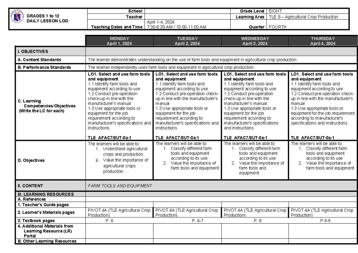 ACP Week 1 - dll - GRADES 1 to 12 DAILY LESSON LOG School Grade Level ...