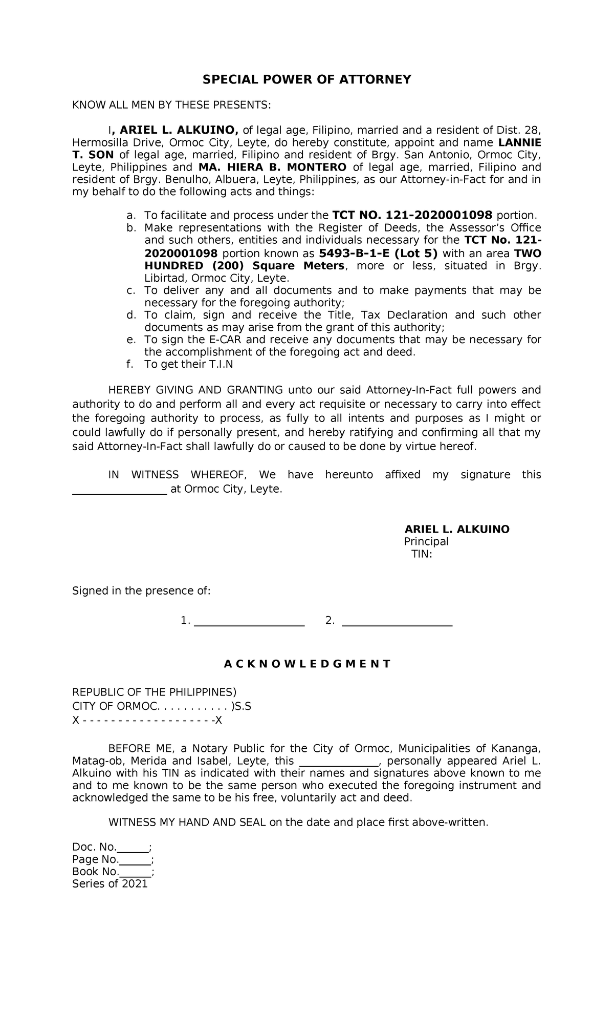 Spa alkuino - SPA - SPECIAL POWER OF ATTORNEY KNOW ALL MEN BY THESE ...