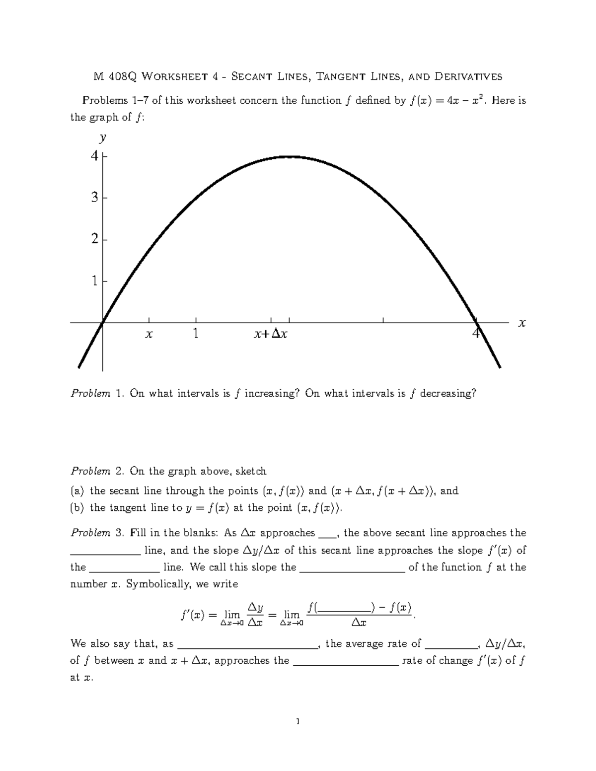 M 408Q Worksheet 4 (Fall 2022) - M 408Q Worksheet 4 - Secant Lines ...