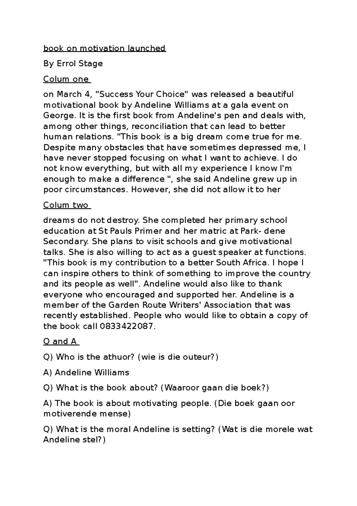 Book on motivation launched sahana afrikaans prepared reading - book on ...