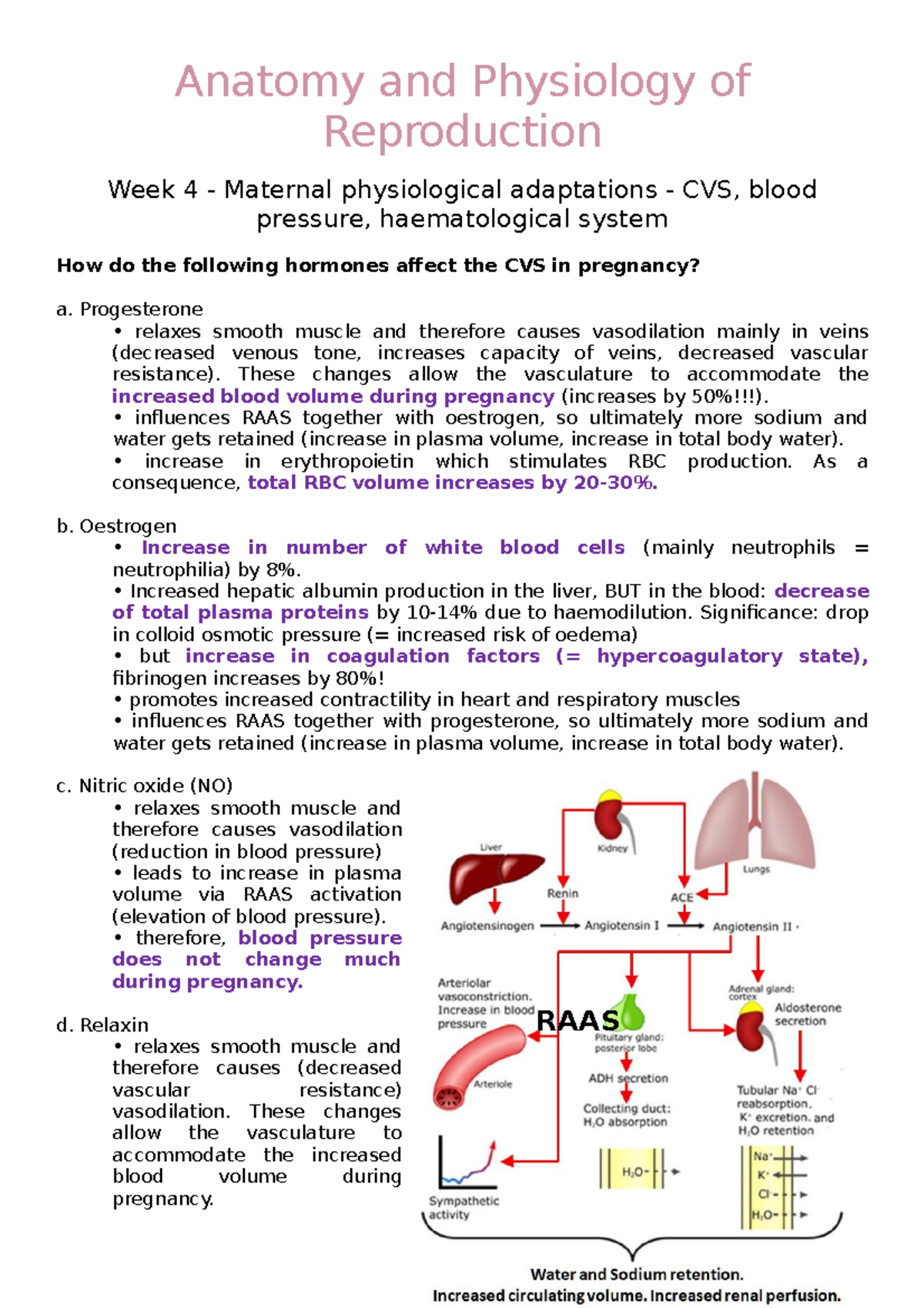 Week 4 - Maternal physiological adaptations - CVS, blood pressure ...