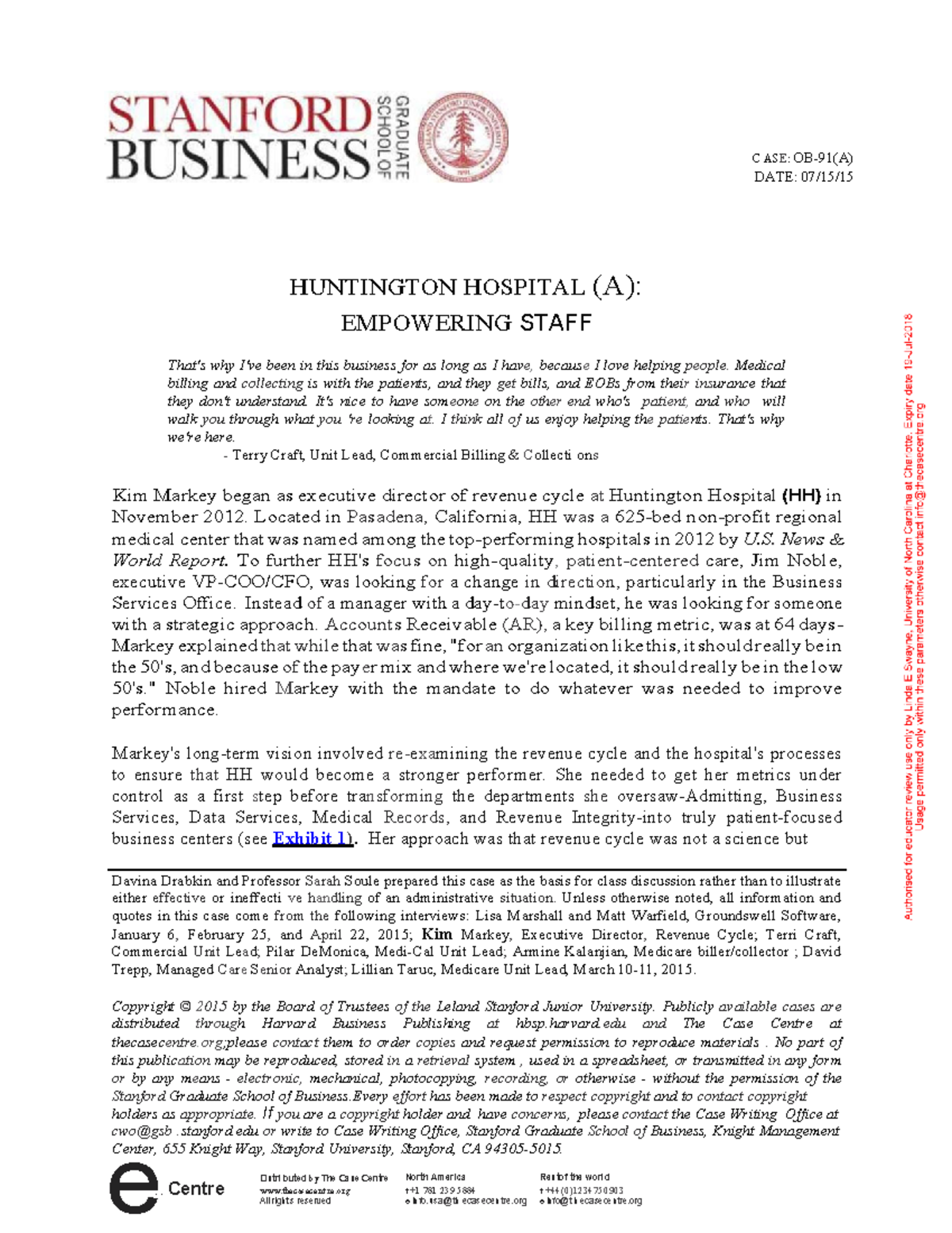 HCM 415 Case 13 Huntington Hospital - C ASE: OB-91(A) DATE: 07/15 ...