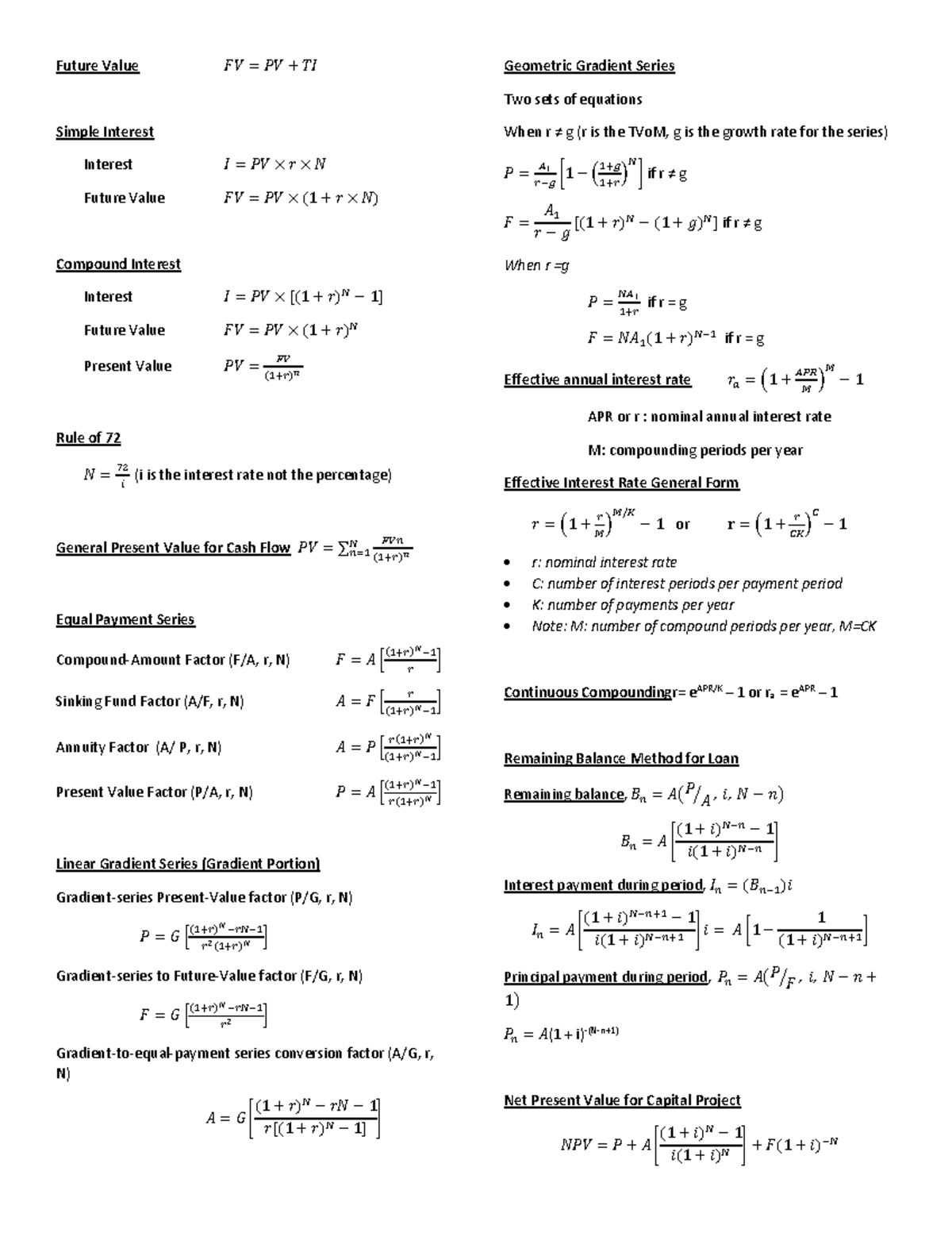 Session #1 Formula Sheet - Future Value 𝐹𝑉 = 𝑃𝑉 + 𝑇𝐼 Simple Interest ...