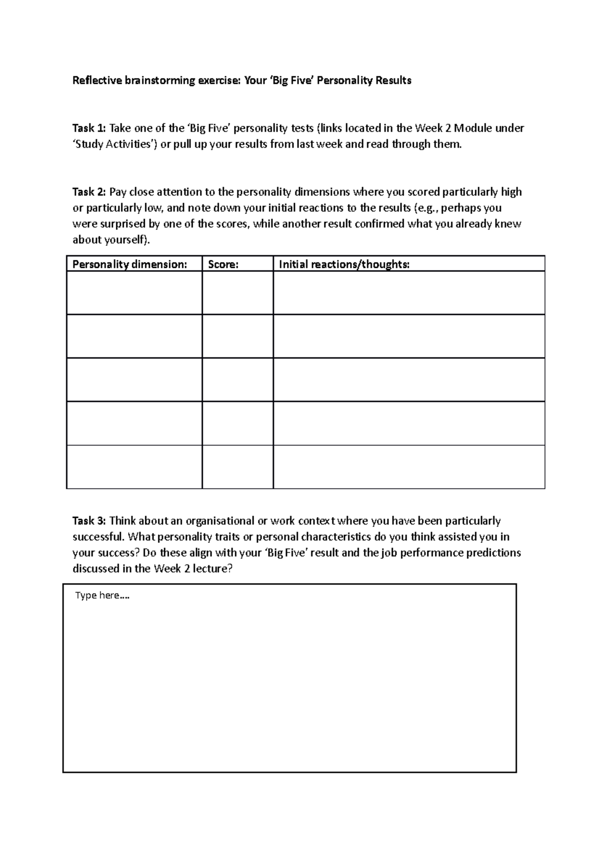Personality brainstorming exercise - Reflective brainstorming exercise ...