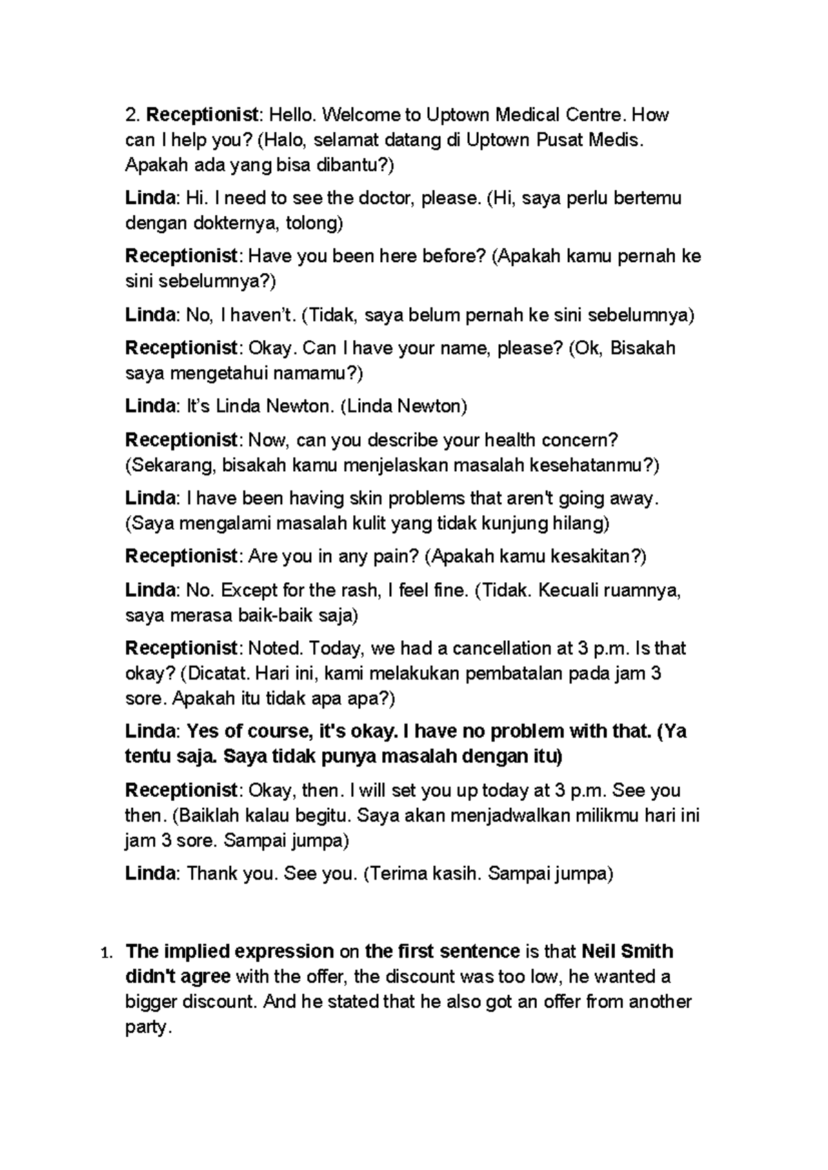 Receptionist - jawaban tugas - Receptionist: Hello. Welcome to Uptown ...