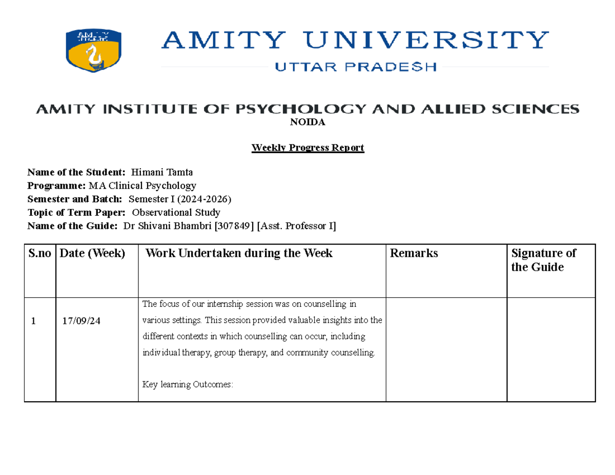 WPR format - NOIDA Weekly Progress Report Name of the Student: Himani ...