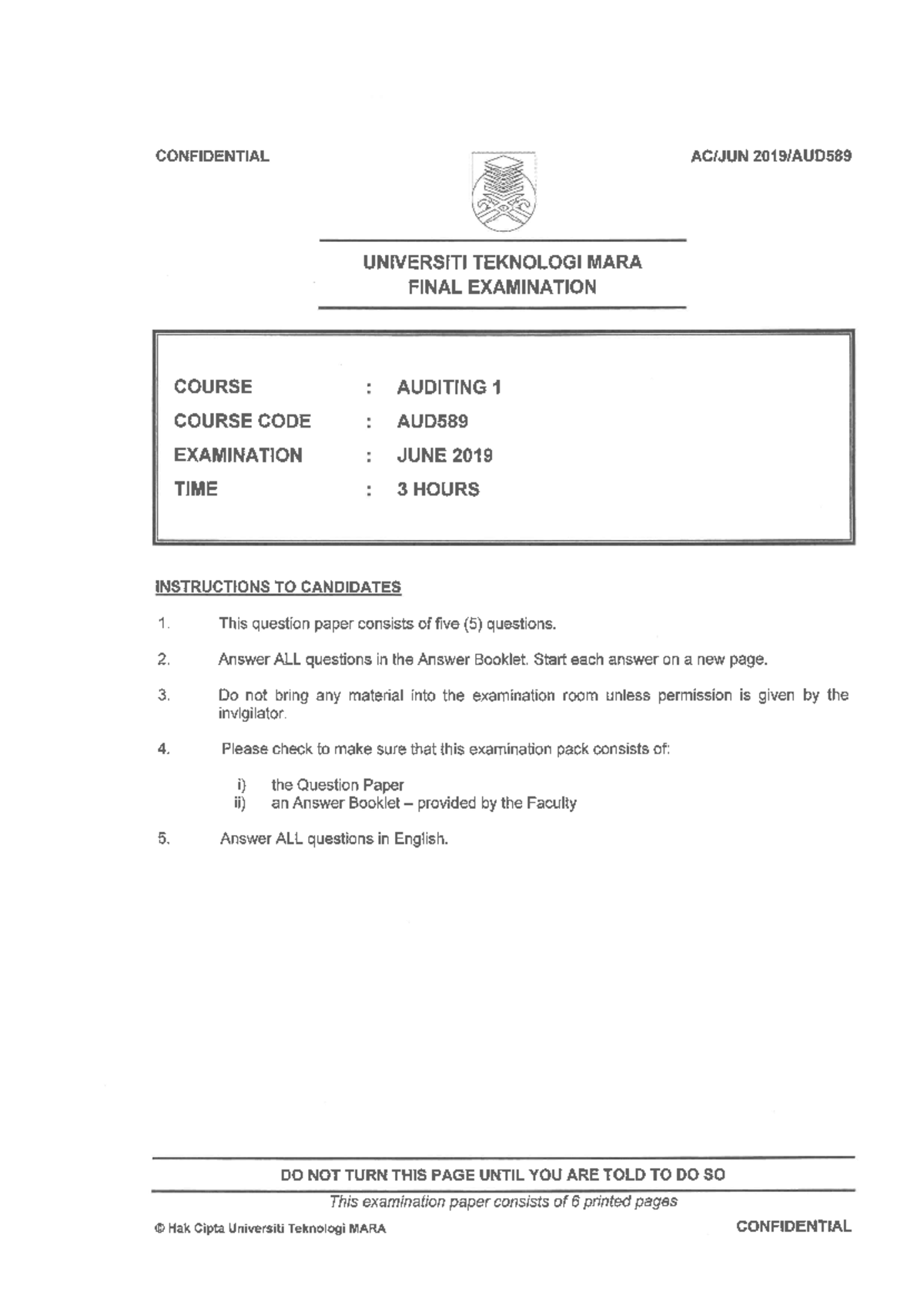 AUD589 (PYQ 2019 JUNE) - Hope it helps - AUDITING - Studocu