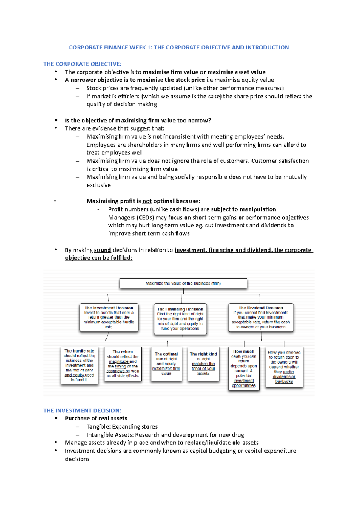 Corporate Finance Week One Notes - CORPORATE FINANCE WEEK 1: THE ...