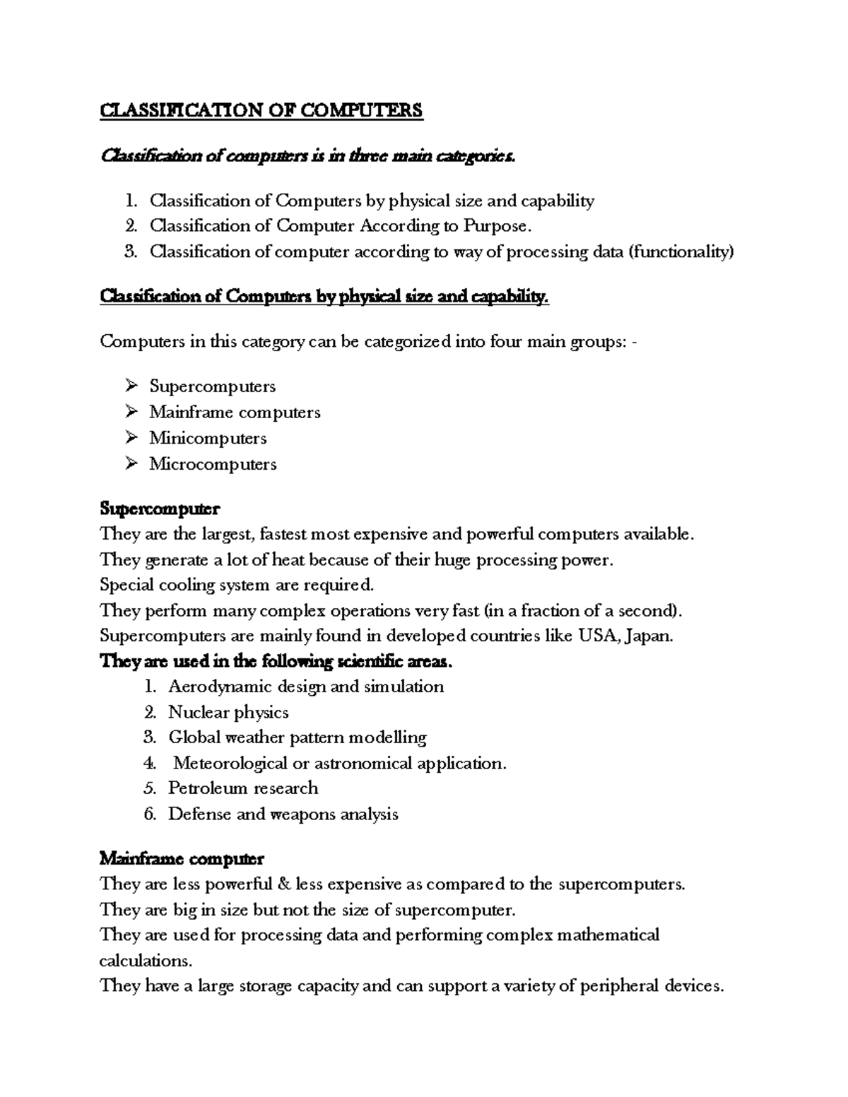 Classification OF Computers - CLASSIFICATION OF COMPUTERS Classification of computers is in ...