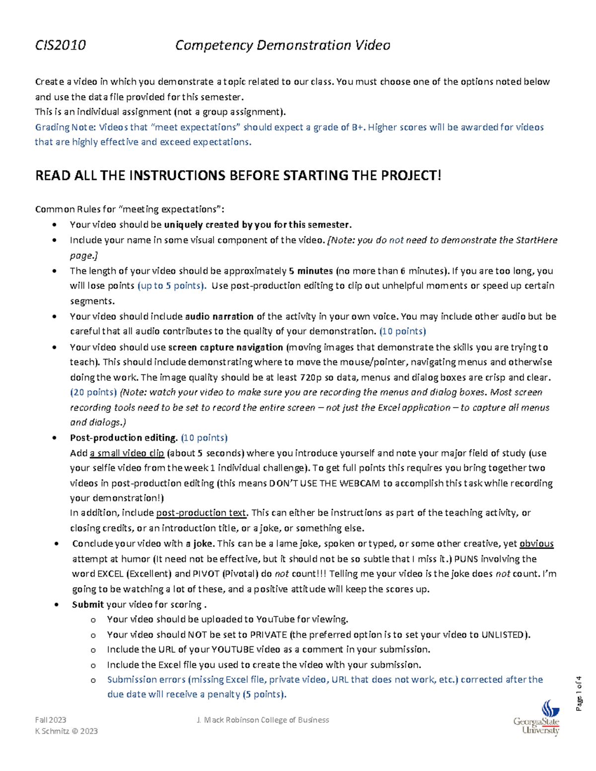 CIS2010 Video Project Instructions Fall2023 - Fall 2023 J. Mack Robinson College of Business ...