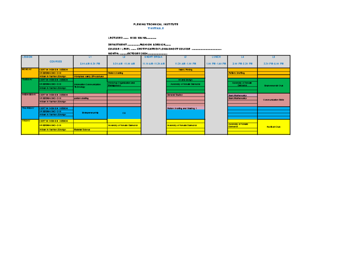 September Timetable.xlsx - Fashion - FLEMING TECHNICAL INSTITUTE ...