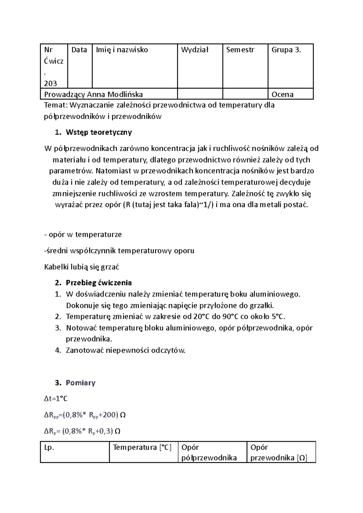 Wyznaczanie zależności przewodnictwa od temperatury dla półprzewodników i przewodników - Nr ...