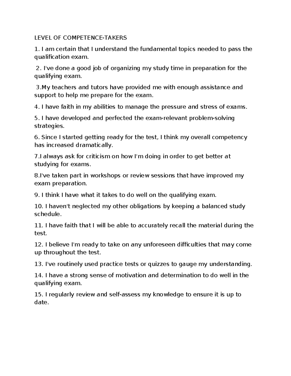 Document-9 - LECTURE GUIDE - LEVEL OF COMPETENCE-TAKERS I am certain ...