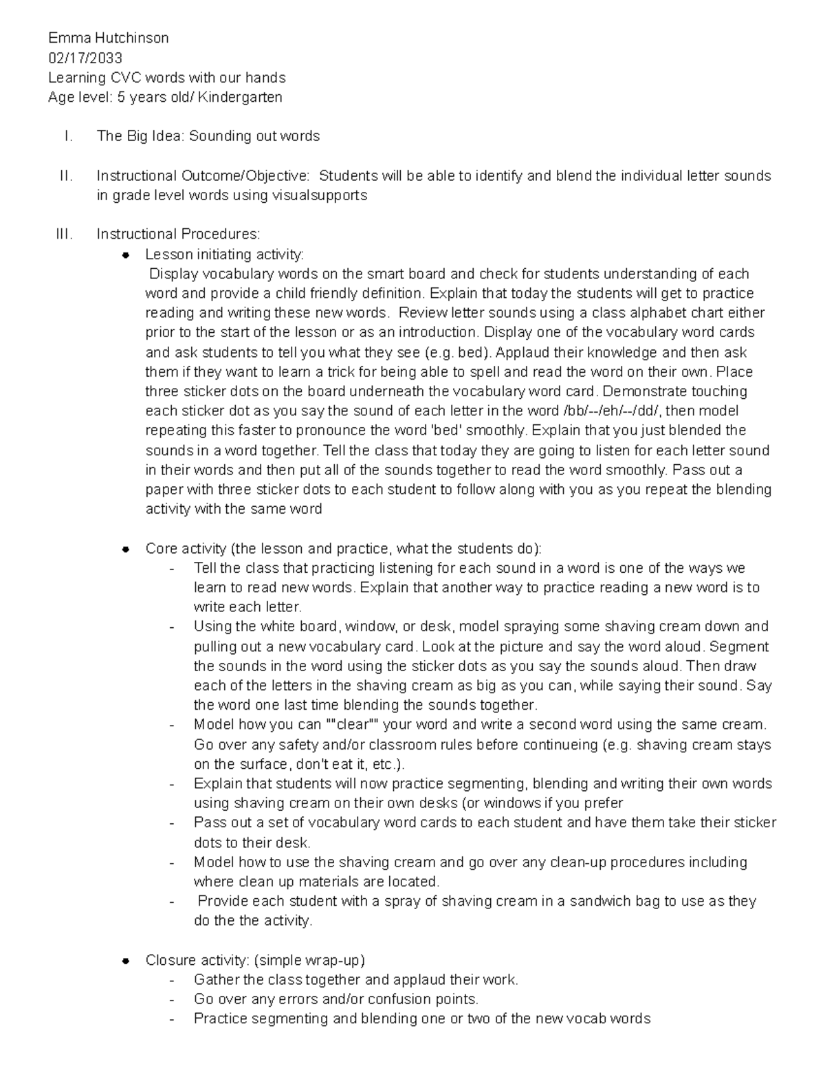 Vocab lesson plan - Emma Hutchinson 02/17/ Learning CVC words with our ...