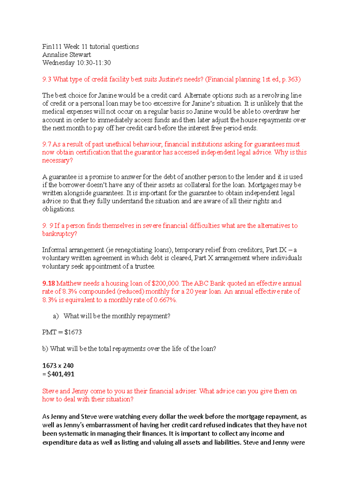 Fin111 Week 11 tutorial questions and answers - FIN 111 - UOW - Studocu