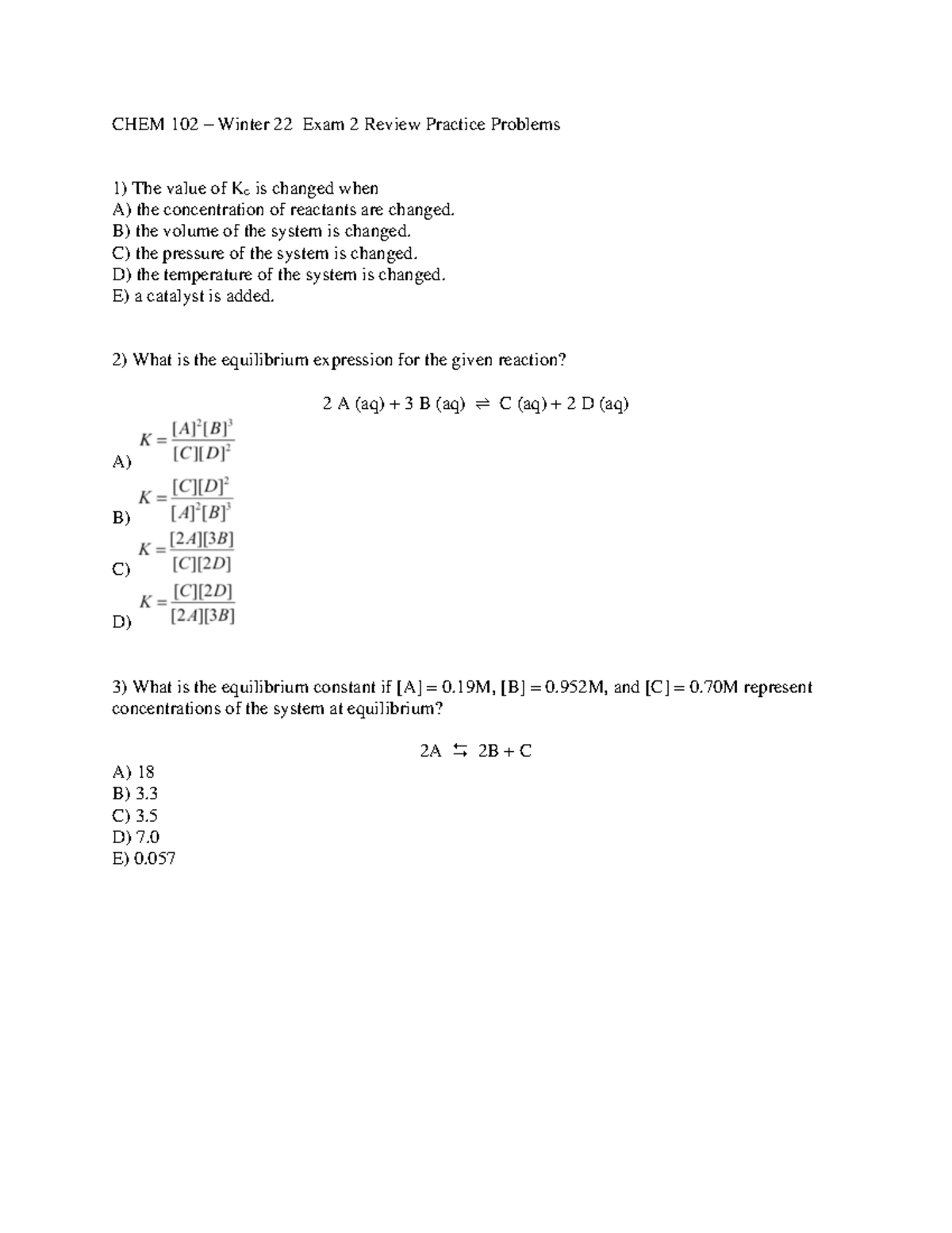 Chem 102 Exam 2 Review Questions - CHEM 102 – Winter 22 Exam 2 Review Practice Problems The ...