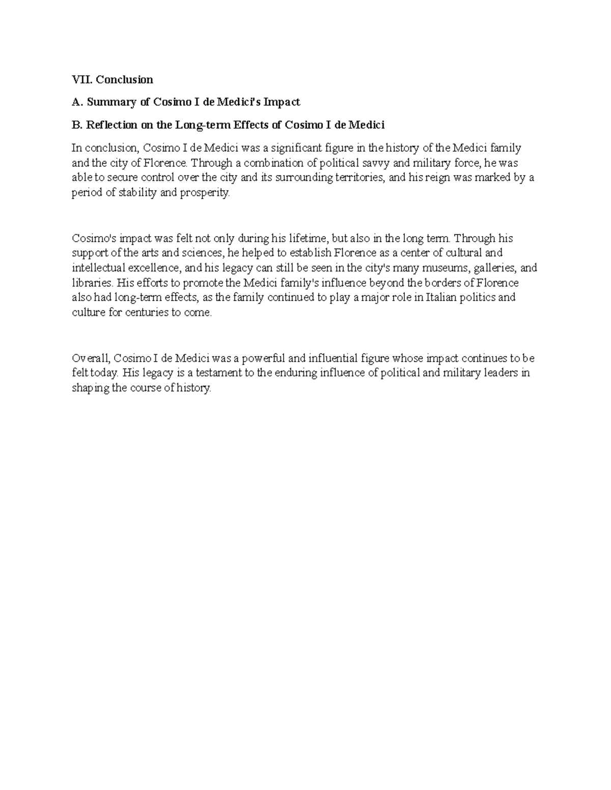 Notes on Cosimo 7 - VII. Conclusion A. Summary of Cosimo I de Medici's ...