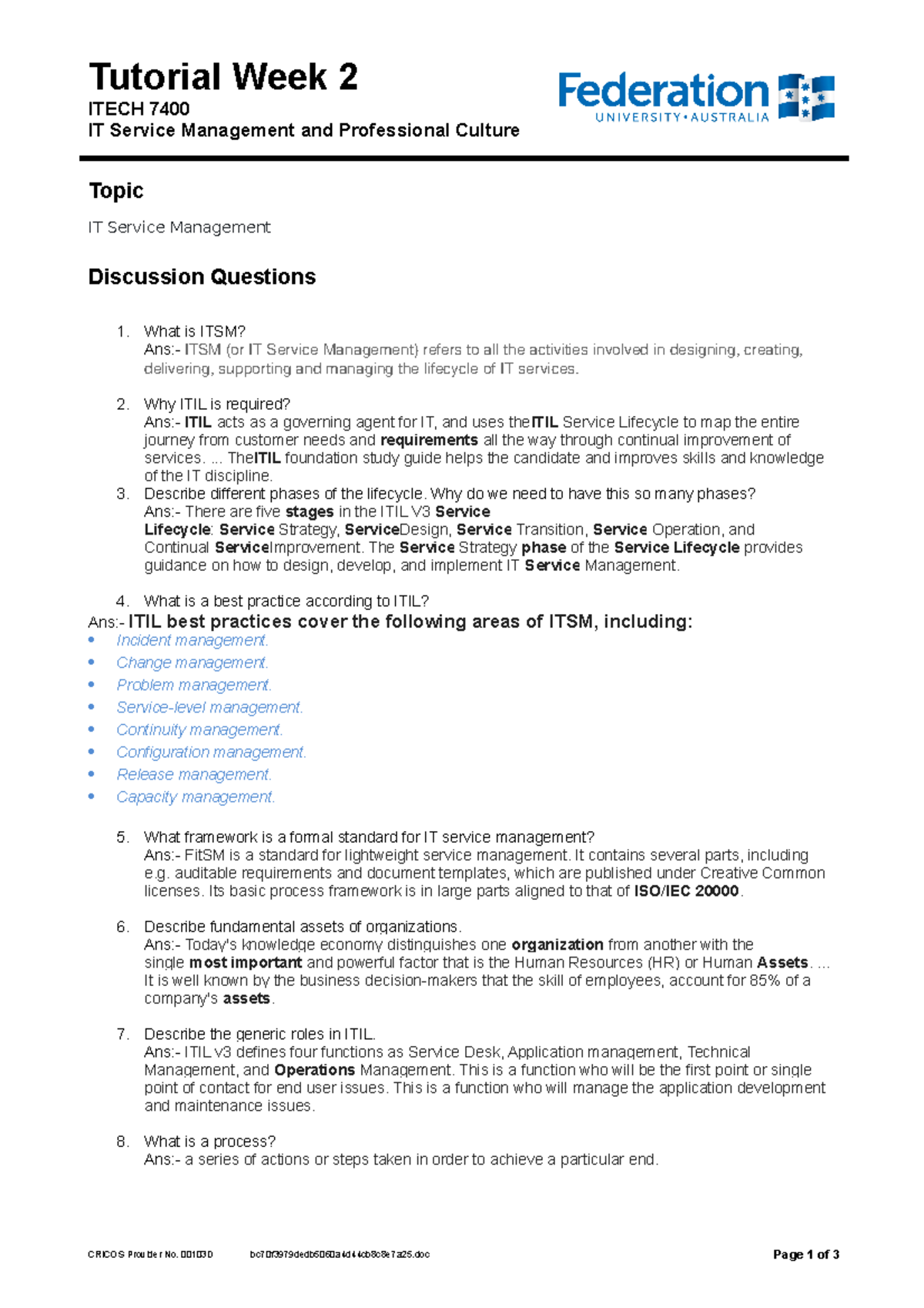 Itech 7400 week 2 tutorial - Tutorial Week 2 ITECH 7400 IT Service ...