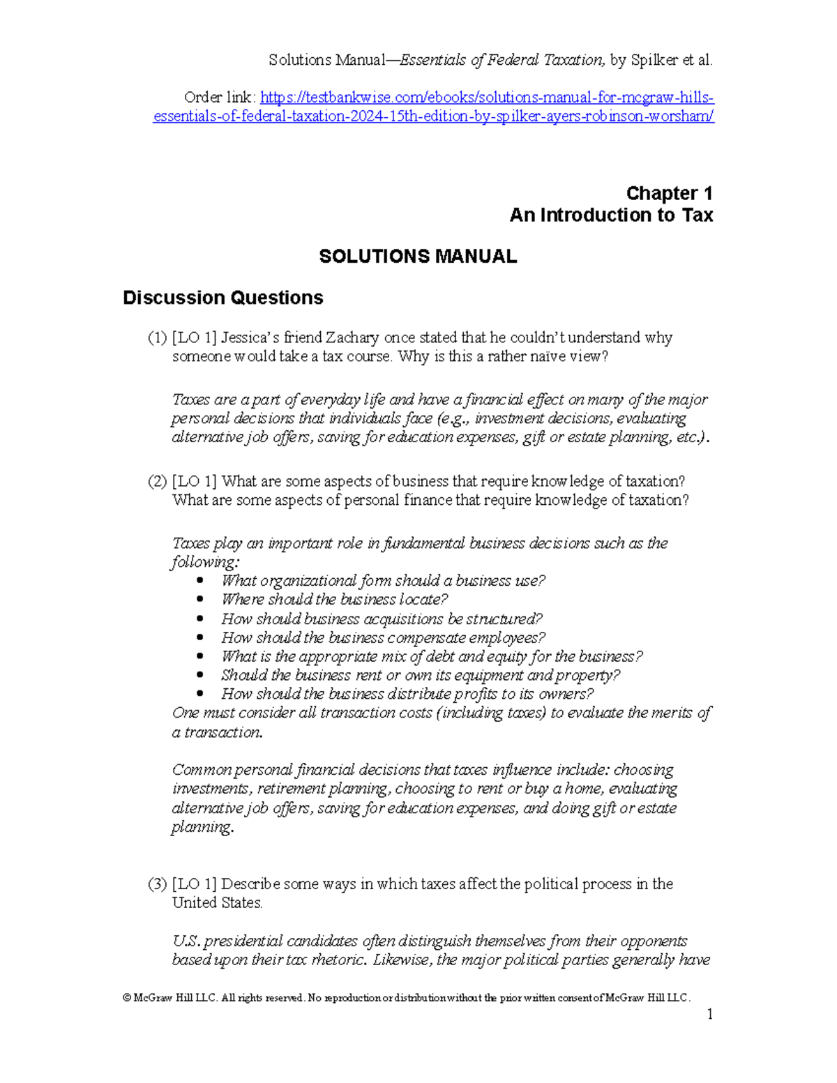 Solutions Manual for Mc Graw-Hill’s Essentials of Federal Taxation 2024 ...