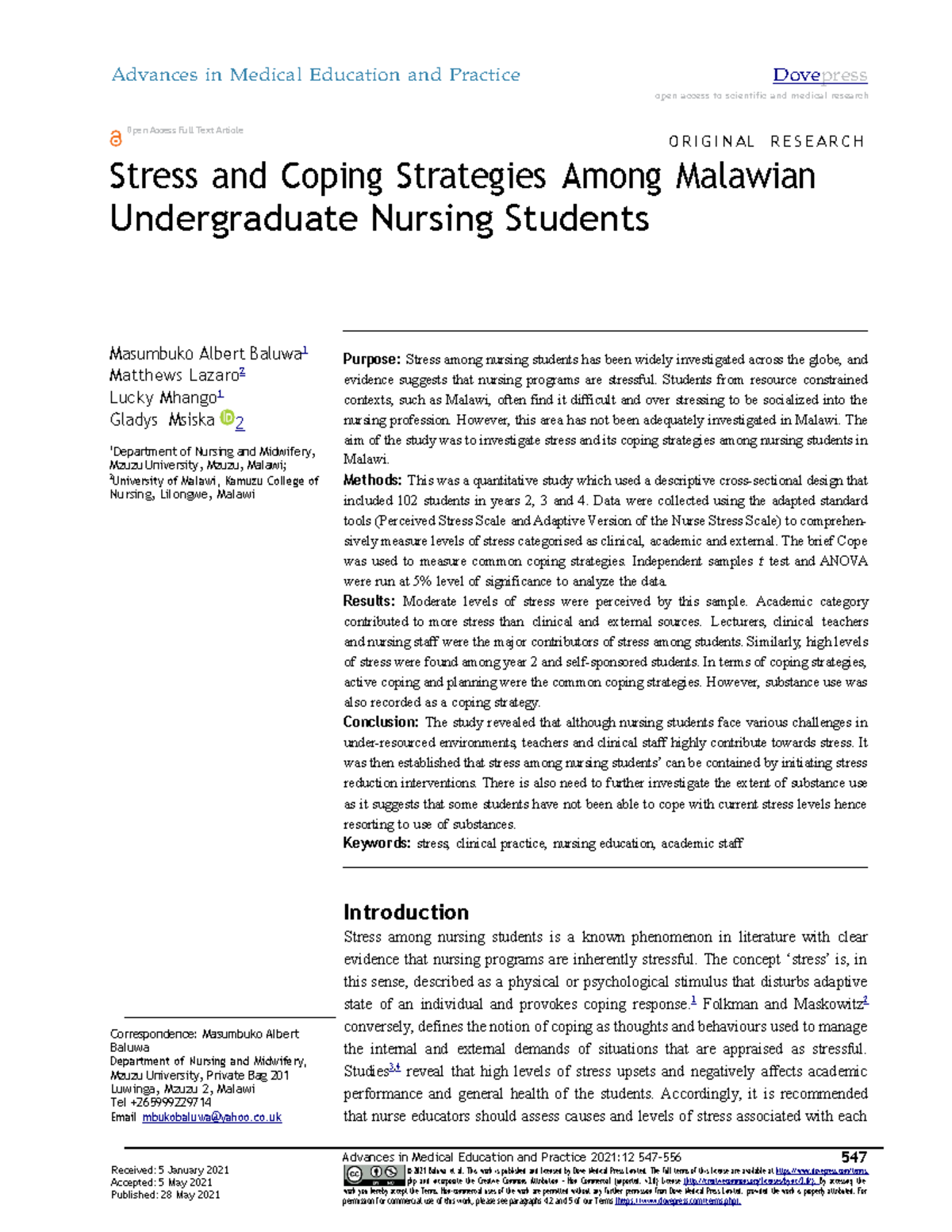 Stress and Coping Strategies - Advances in Medical Education and ...