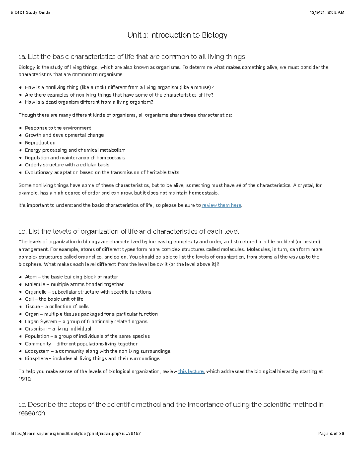 Study guide for intro to cell and molecular bio - Unit 1: Introduction ...