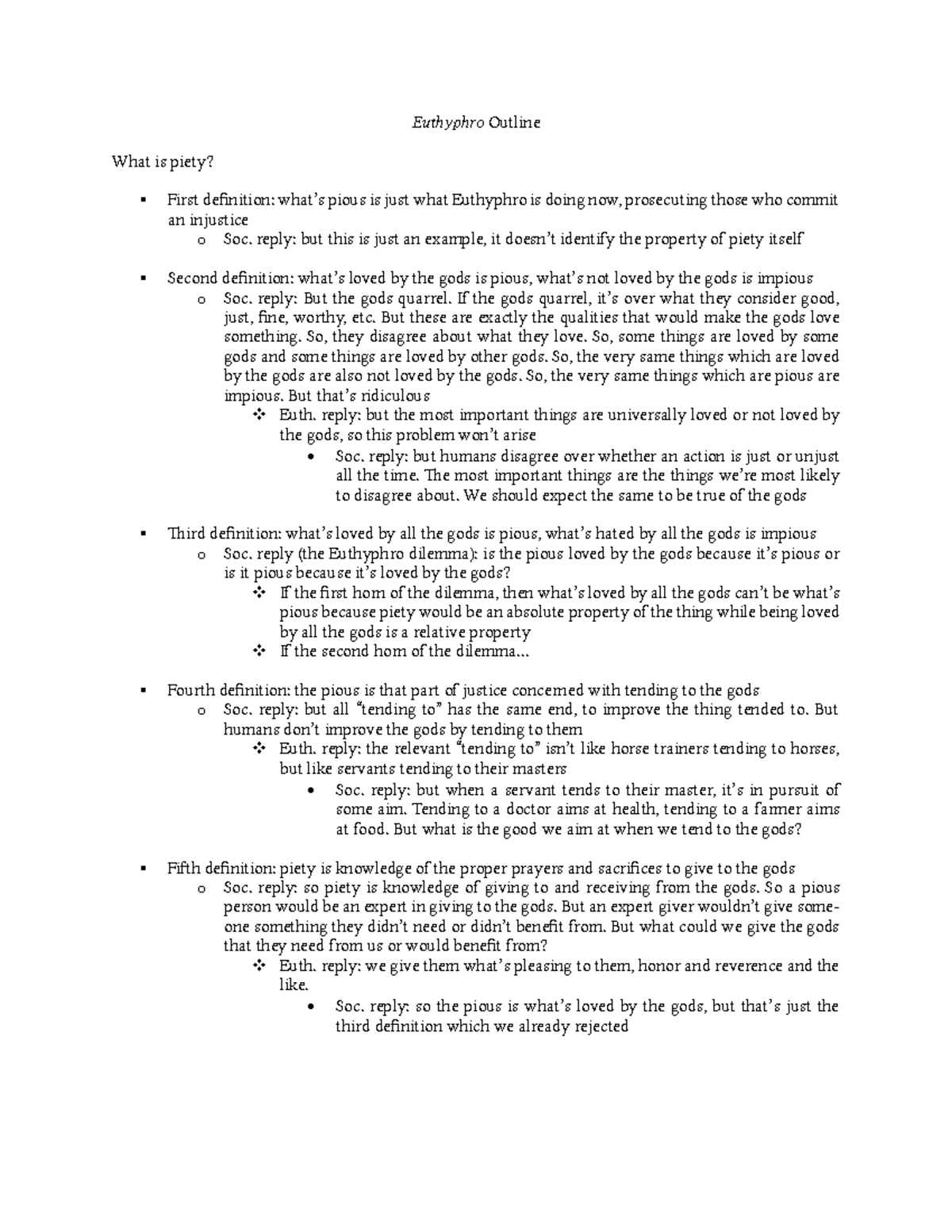 Euthyphro Outline Example - Euthyphro Outline What is piety? First ...