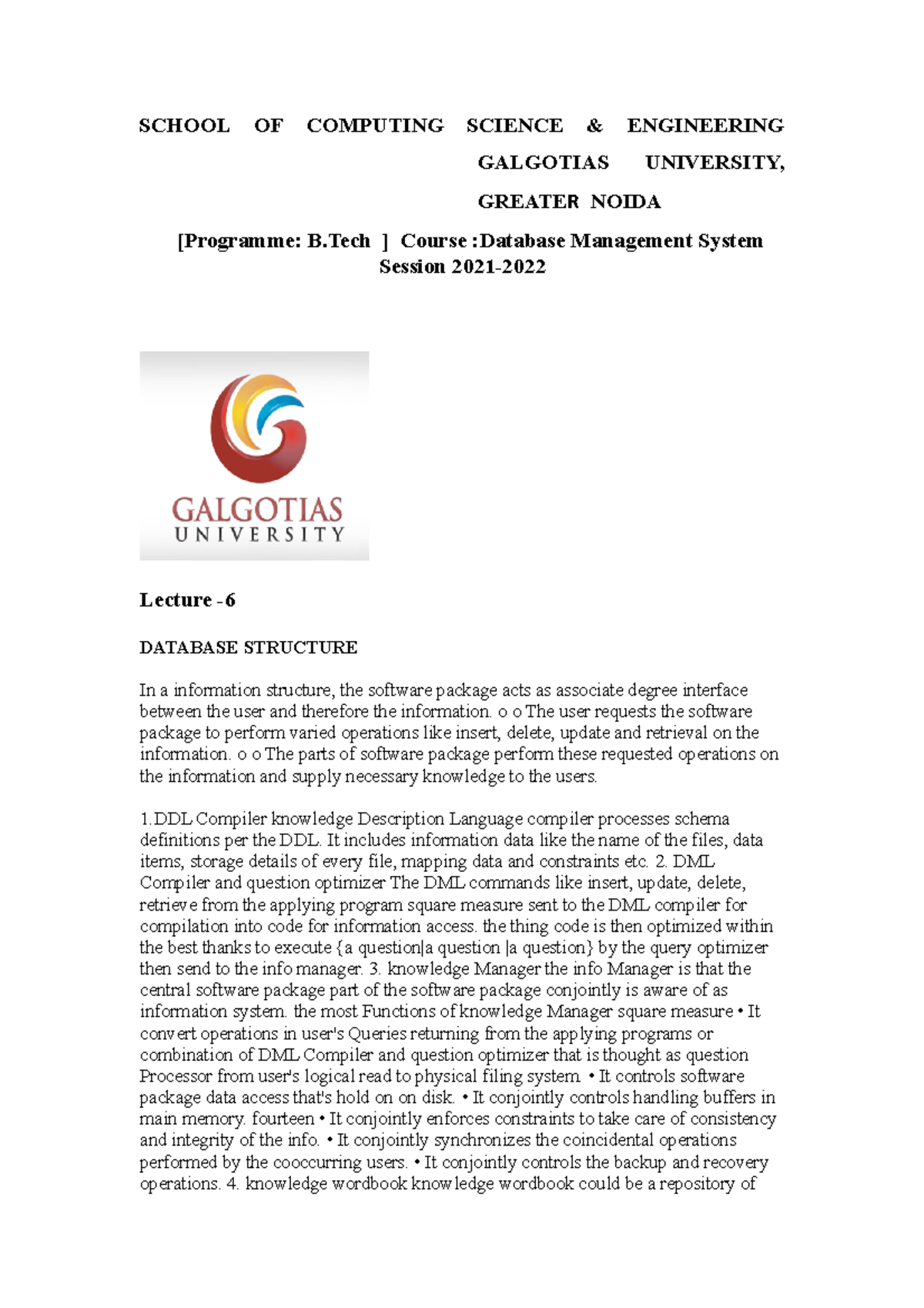 Data Base management System lecture 6 @ Galgotias university - SCHOOL OF COMPUTING SCIENCE ...
