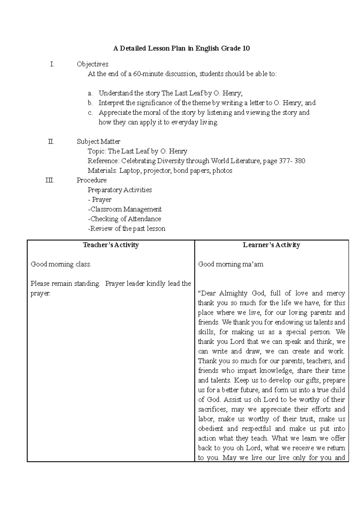 DLP - DETAILED LESSON PLAN - A Detailed Lesson Plan in English Grade 10 ...