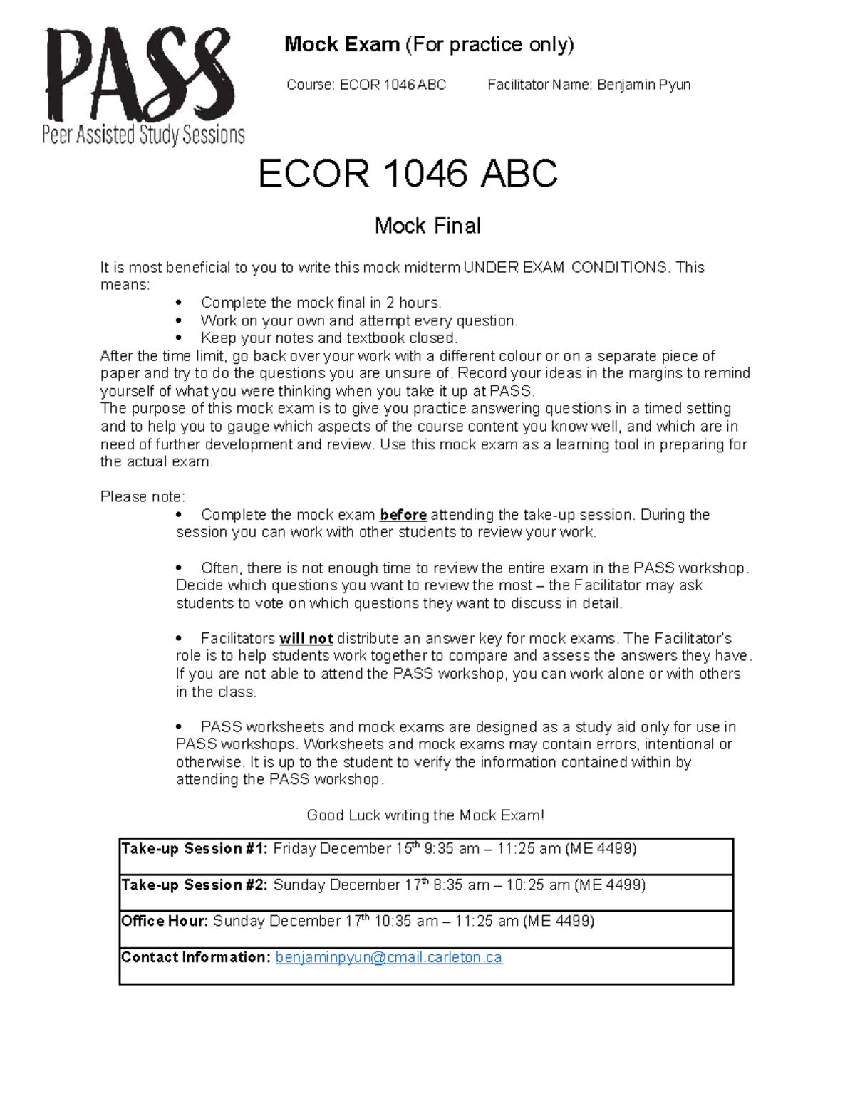 ECOR 1046 ABC - Mock Final - Course: ECOR 1046 ABC Facilitator Name ...
