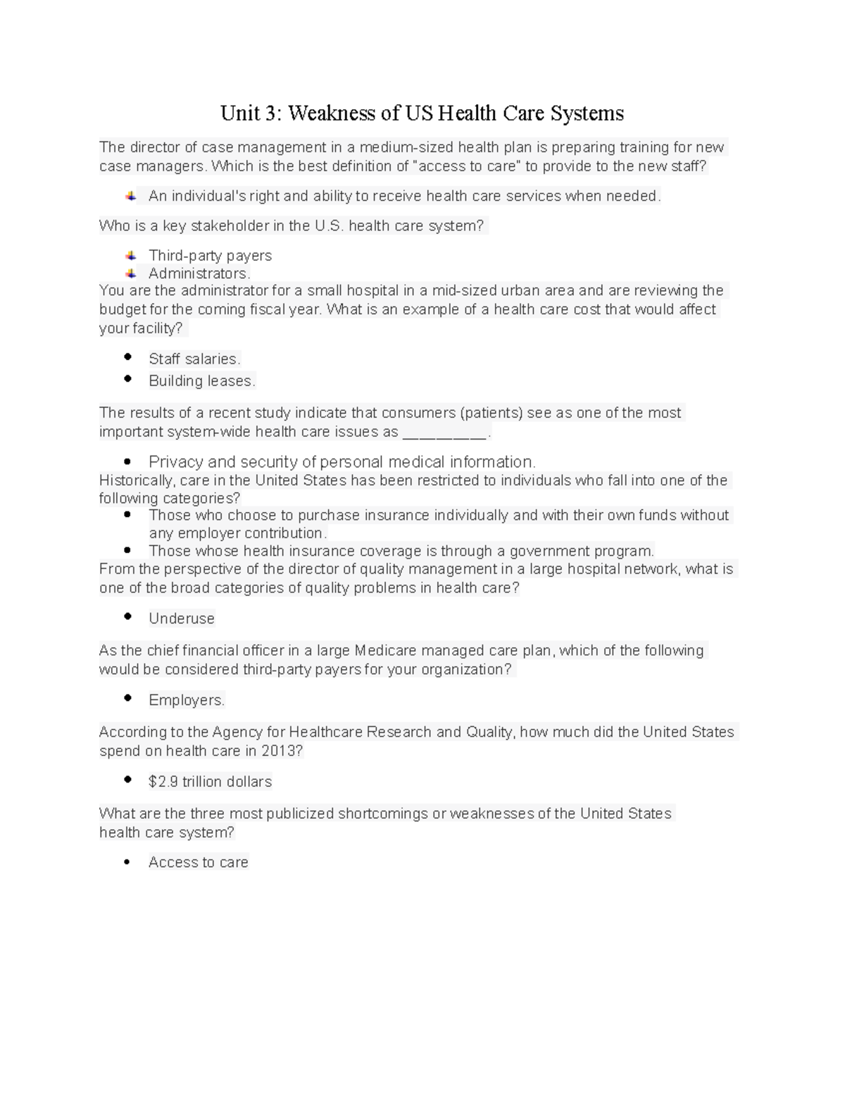 Unit 3 Intellipath Weakness of US Healthcare system - Unit 3: Weakness ...