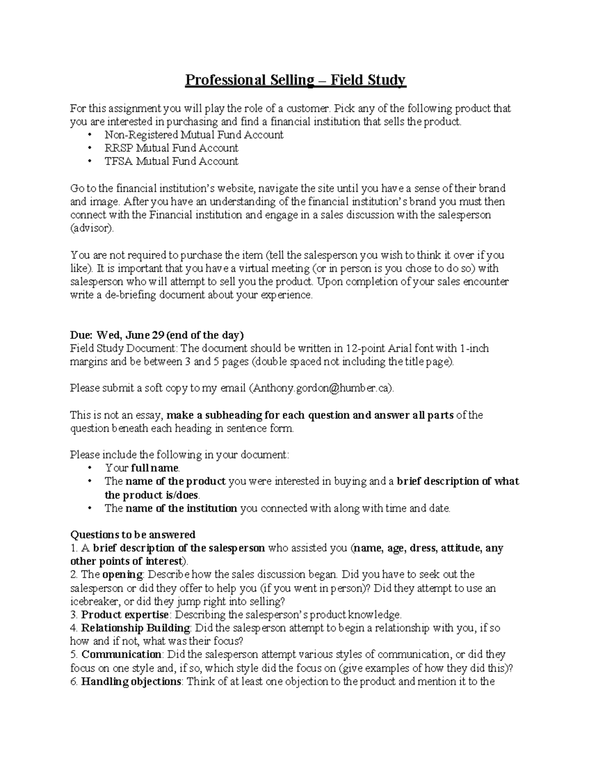 Field Assignment May 25, 2022 - Professional Selling 3 Field Study For ...