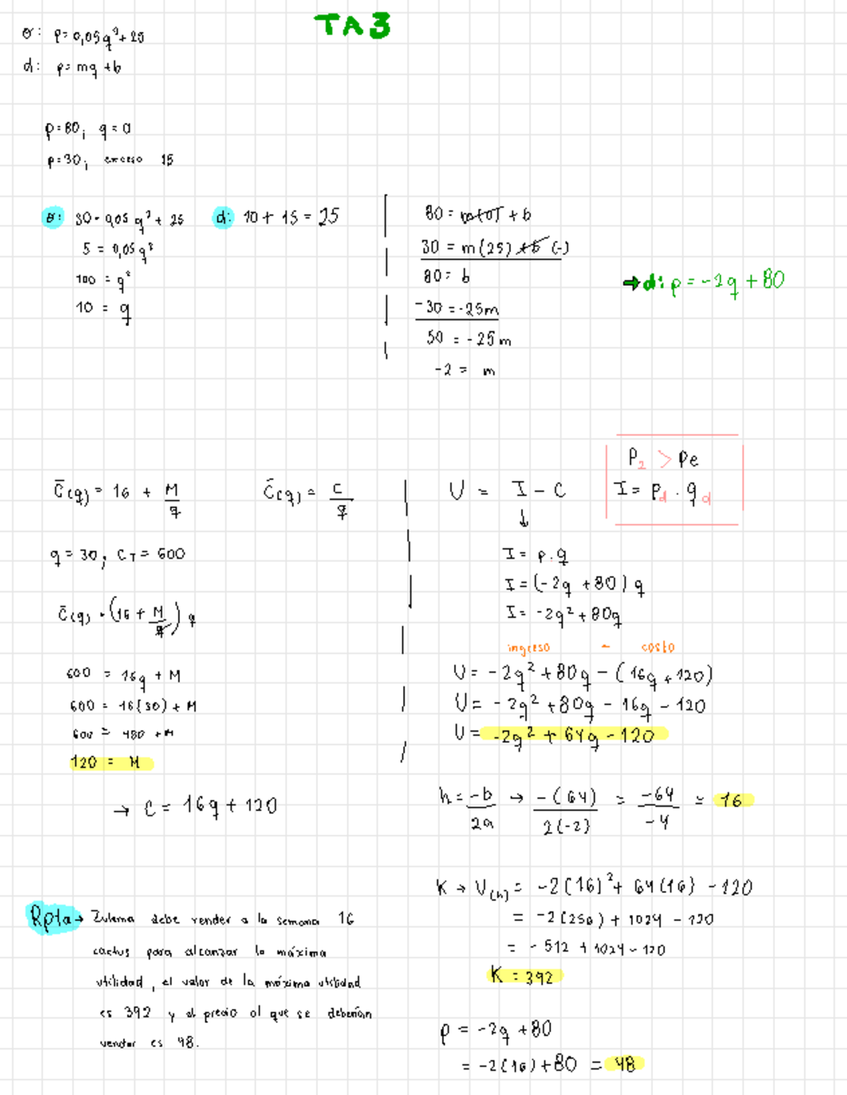 Ta3 fundamentos para el calculo - 0:p= TA 3 0,05q+ 25 d:p= mq + b p ...