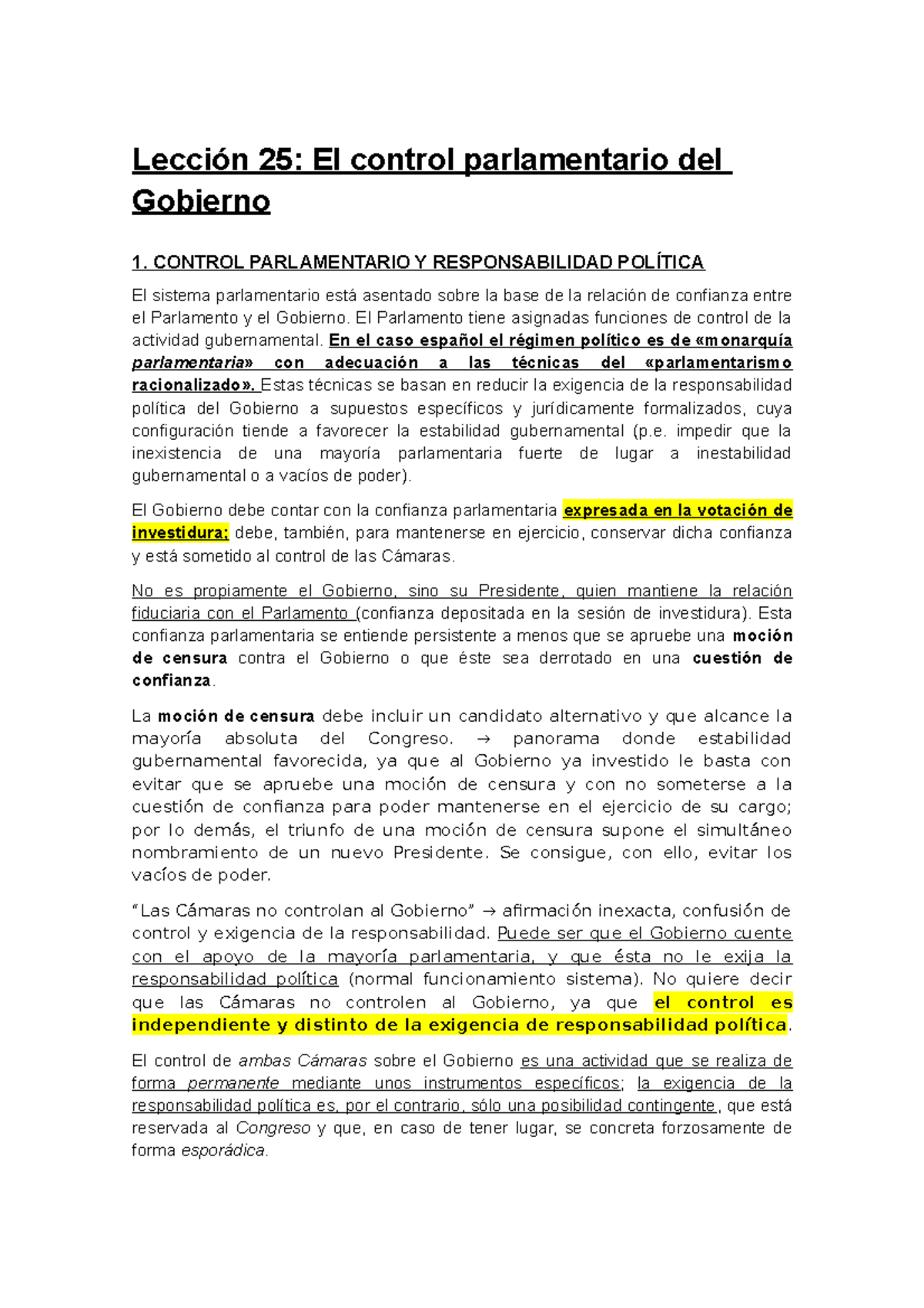 Lección 25 - apunts del llibre de consti - Lección 25: El control parlamentario del Gobierno 1 ...