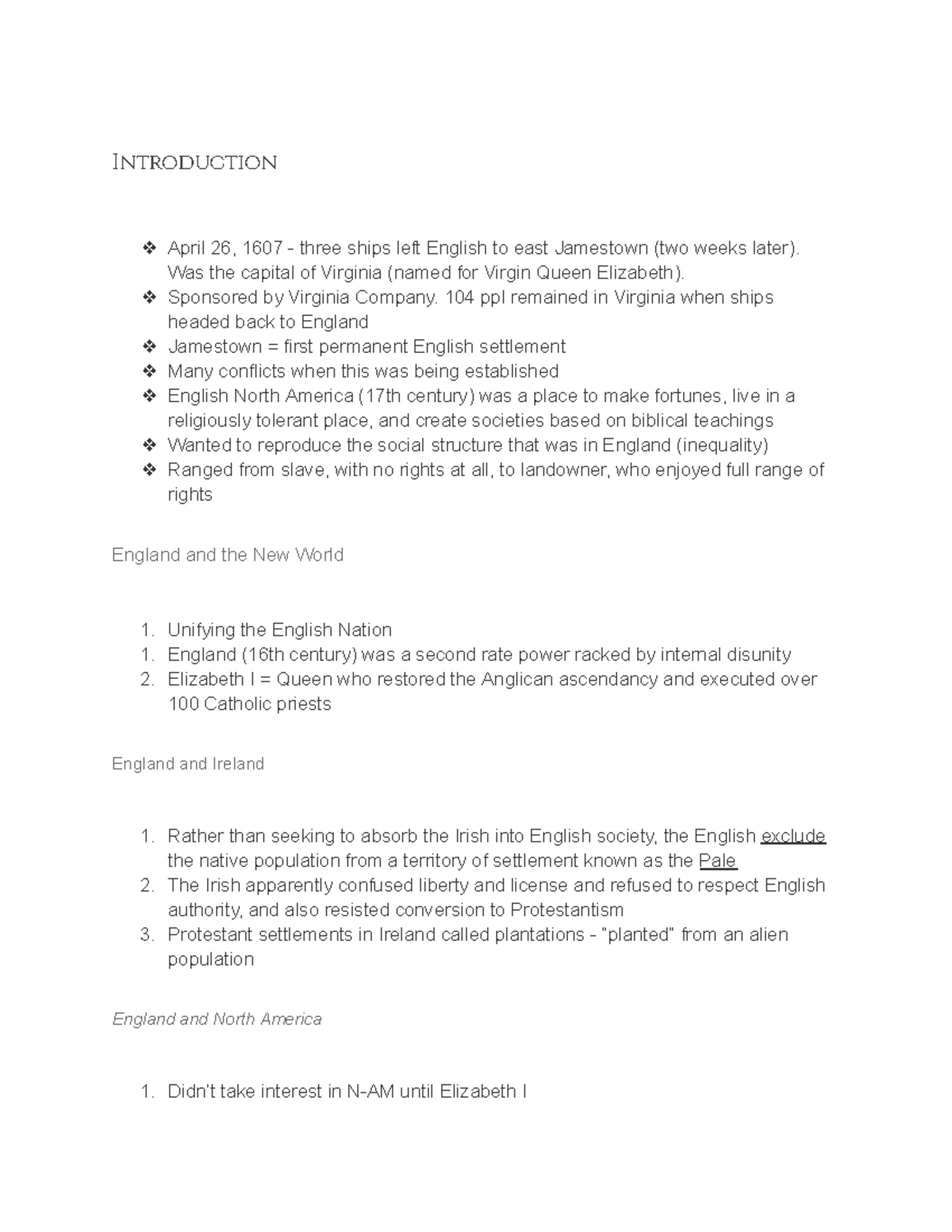 HIST 107 Chapter 2 notes - Introduction April 26, 1607 - three ships ...