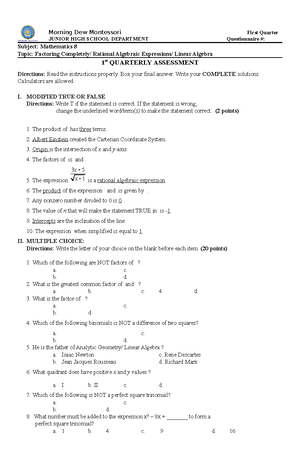 MATH 8 QA 3Q - Grade 8 Math 1st Quarter - Morning Dew Montessori Third ...