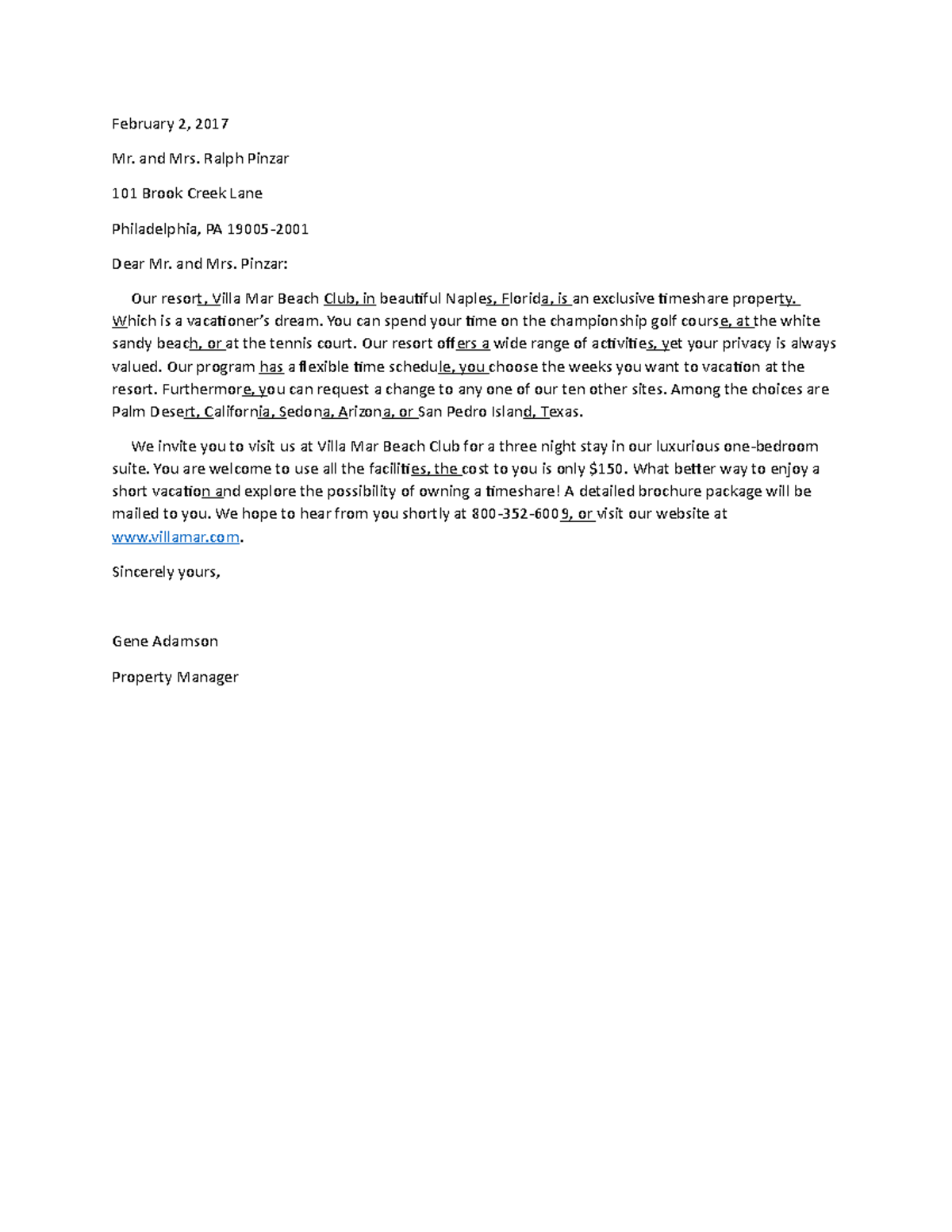 Jacob Corne Edit Test 4 - February 2, 2017 Mr. and Mrs. Ralph Pinzar ...