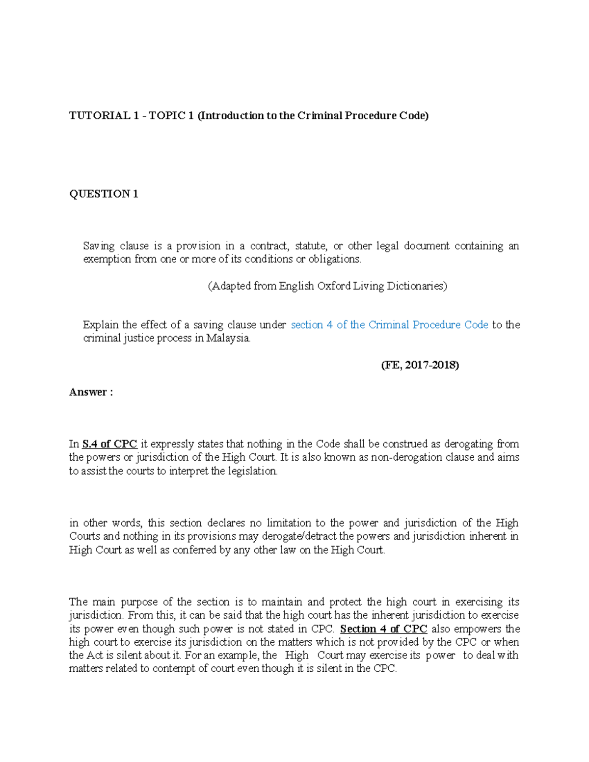 Tutorial 1 and 2 Answers - TUTORIAL 1 - TOPIC 1 (Introduction to the Criminal Procedure Code ...
