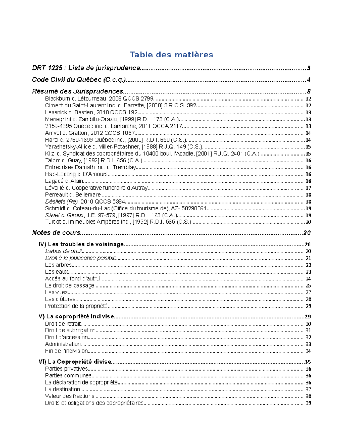 DRT-1225 Tableau récapitulatif - Table des matières Code Civil du ...