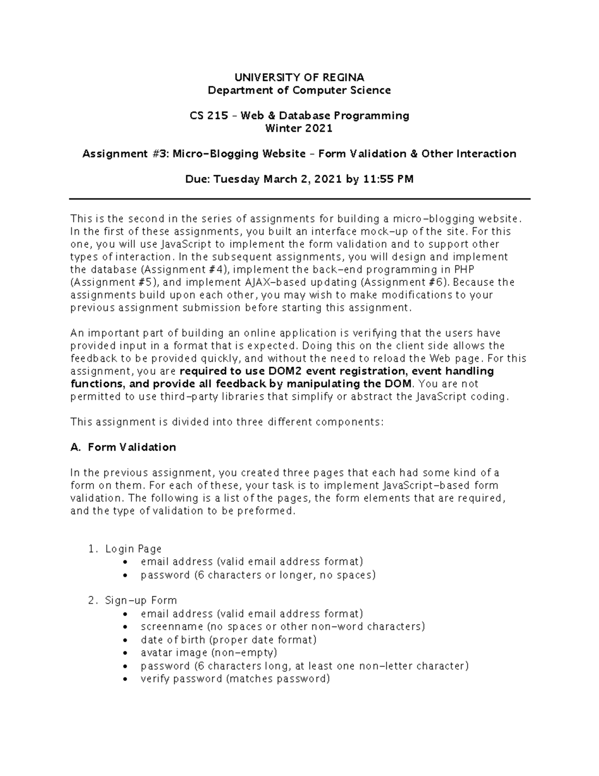 CS215-a3 - Assignment for students - UNIVERSITY OF REGINA Department of Computer Science CS 215 ...