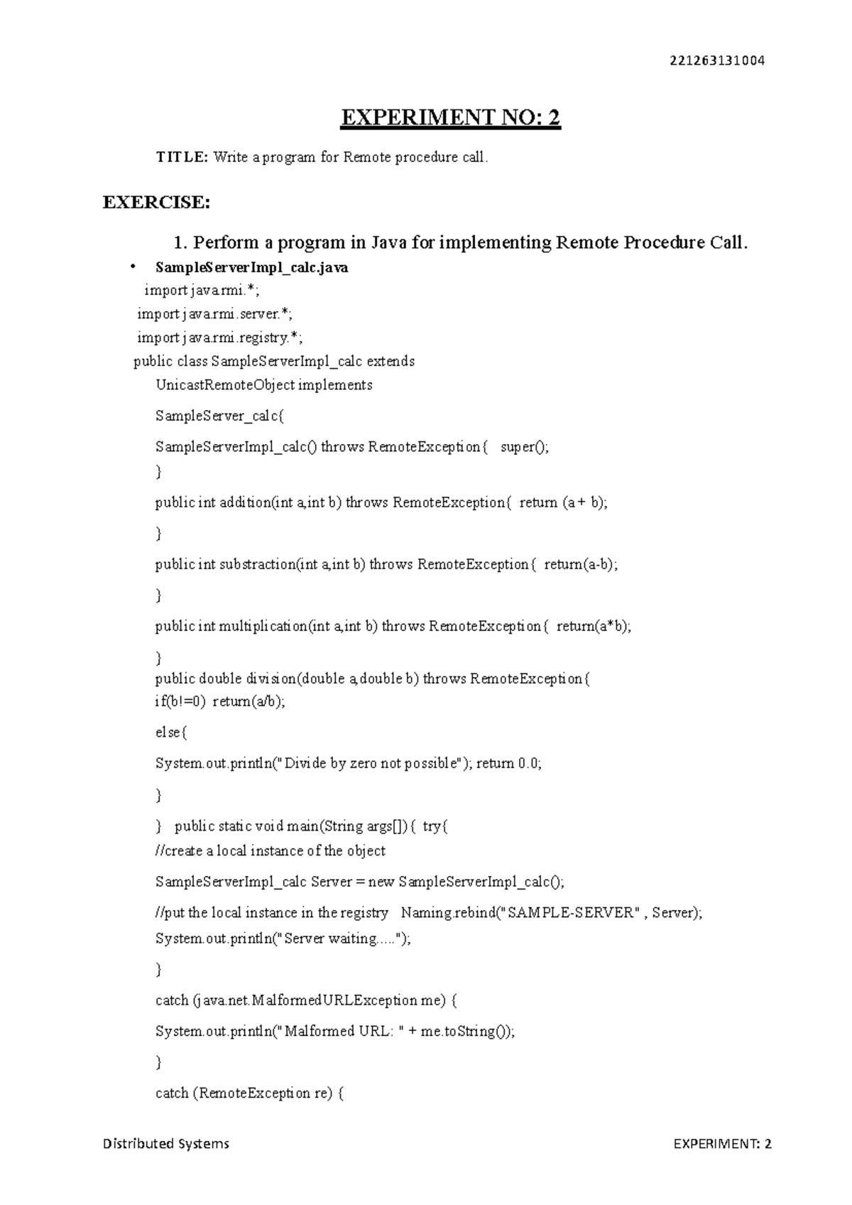 2 ds - practical of ds - 221263131004 Distributed Systems EXPERIMENT: 2 EXPERIMENT NO: 2 TITLE ...