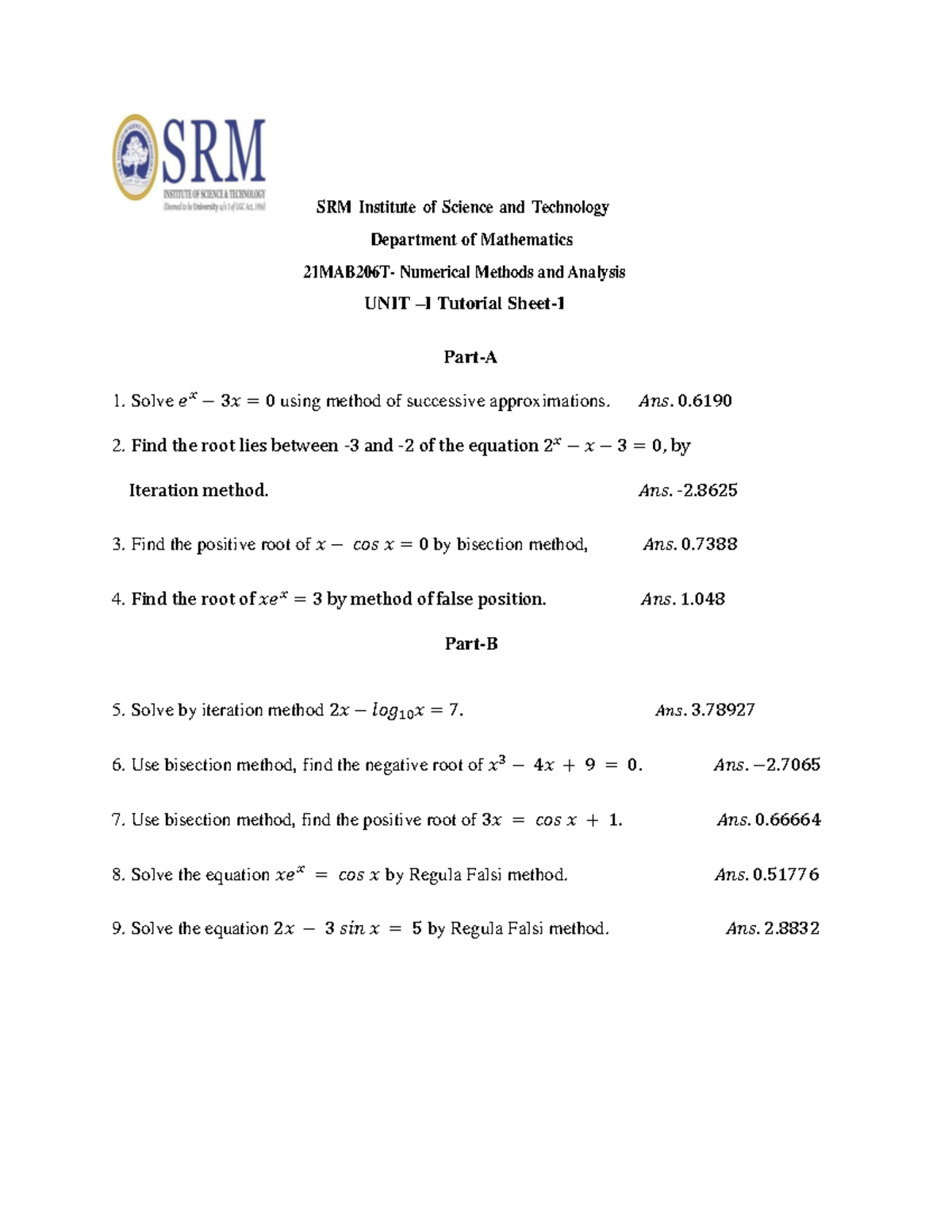 21MAB206T Unit-1 Tutorial-1 - SRM Institute of Science and Technology Department of Mathematics ...