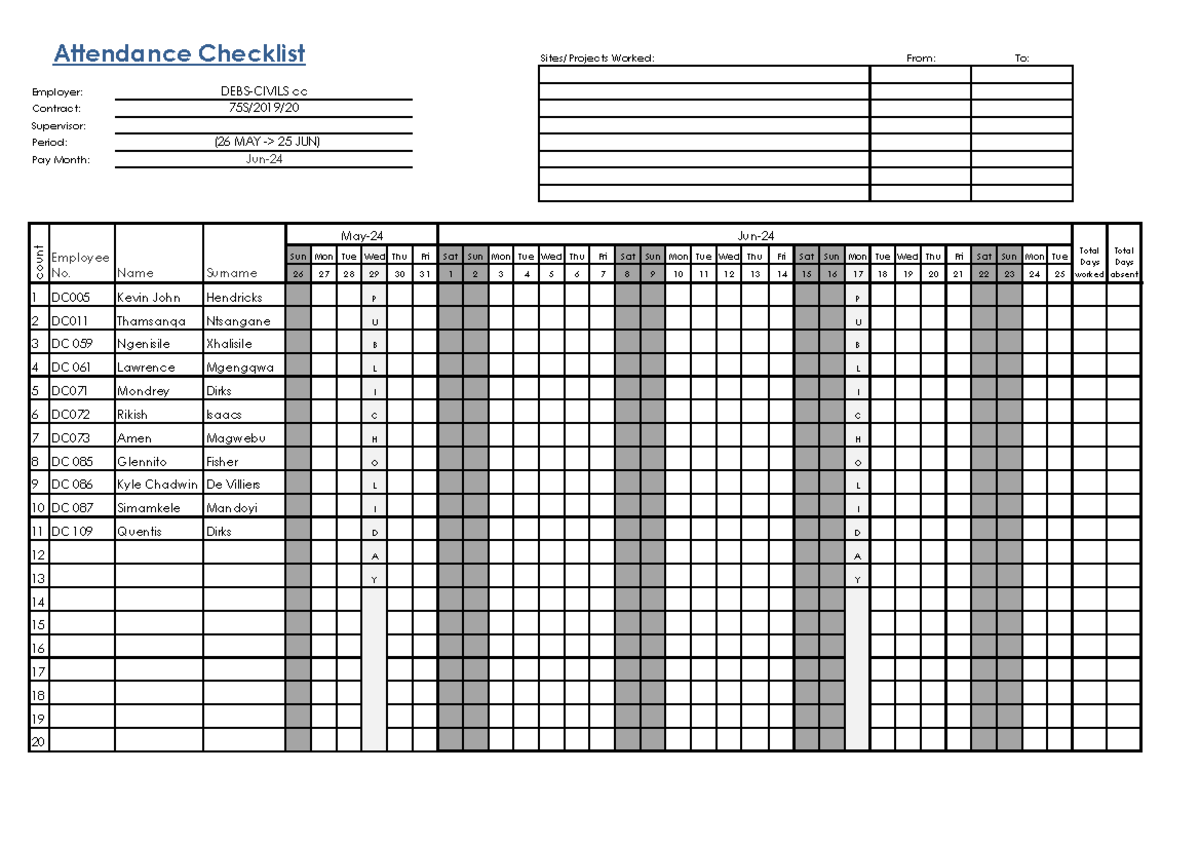 Attendance REG JUN 24 - Attendance Checklist Sites/Projects Worked ...