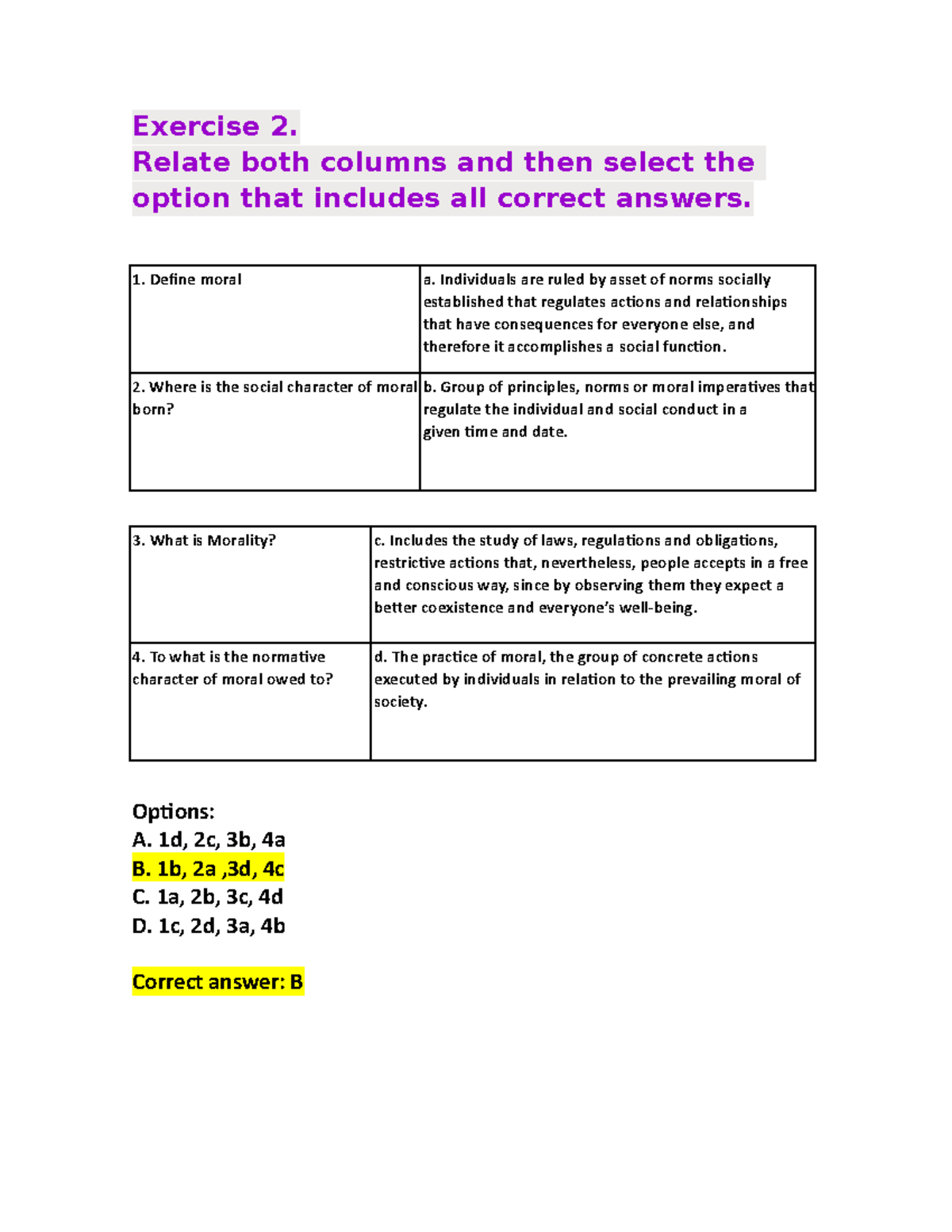 Exercise 2 - 2 ex - Exercise 2. Relate both columns and then select the ...