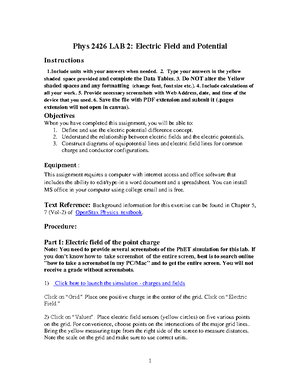 Phys 2426 Lab 2 Electric field and Potential - Phys 2426 LAB 2 ...