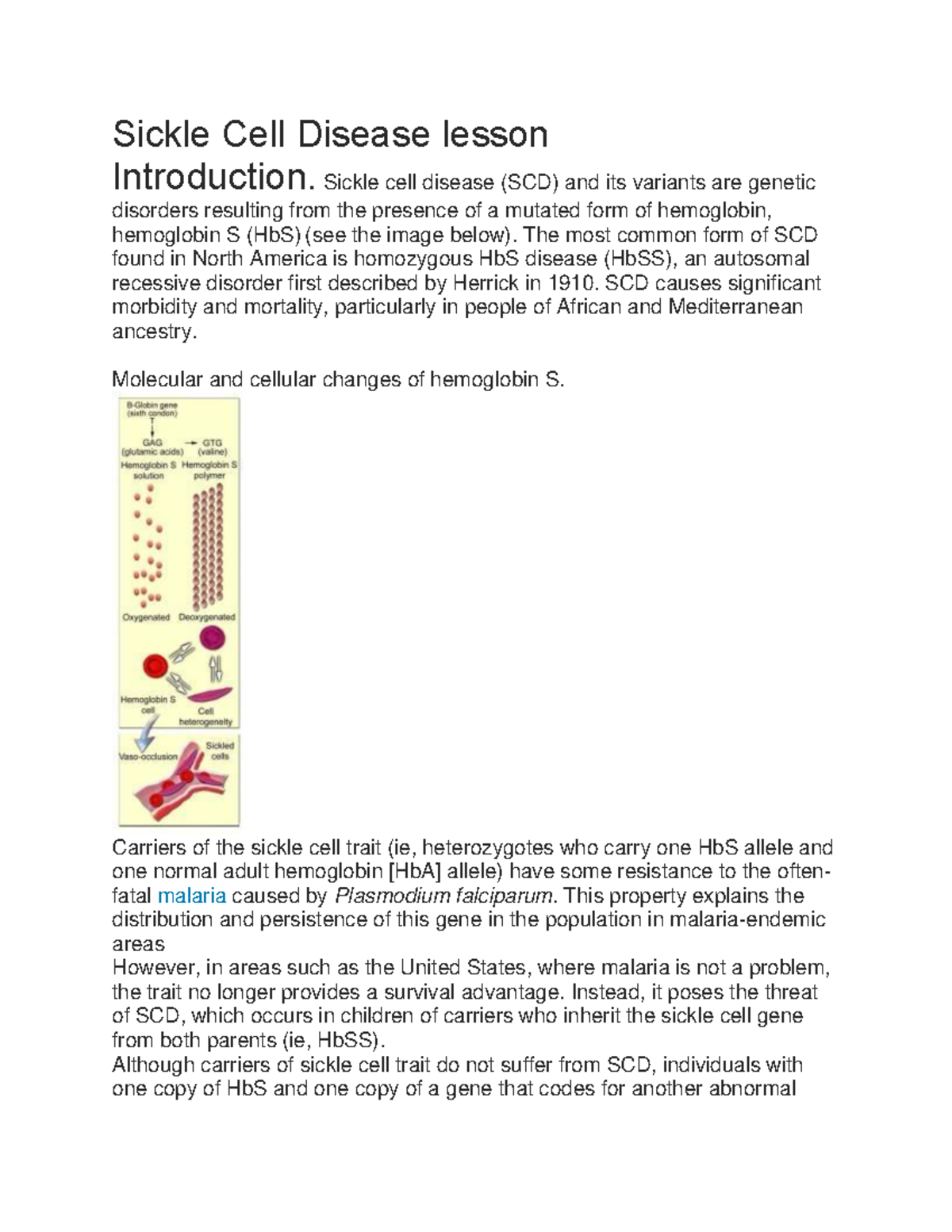 Sickle Cell Disease lesson - Sickle Cell Disease lesson Introduction ...