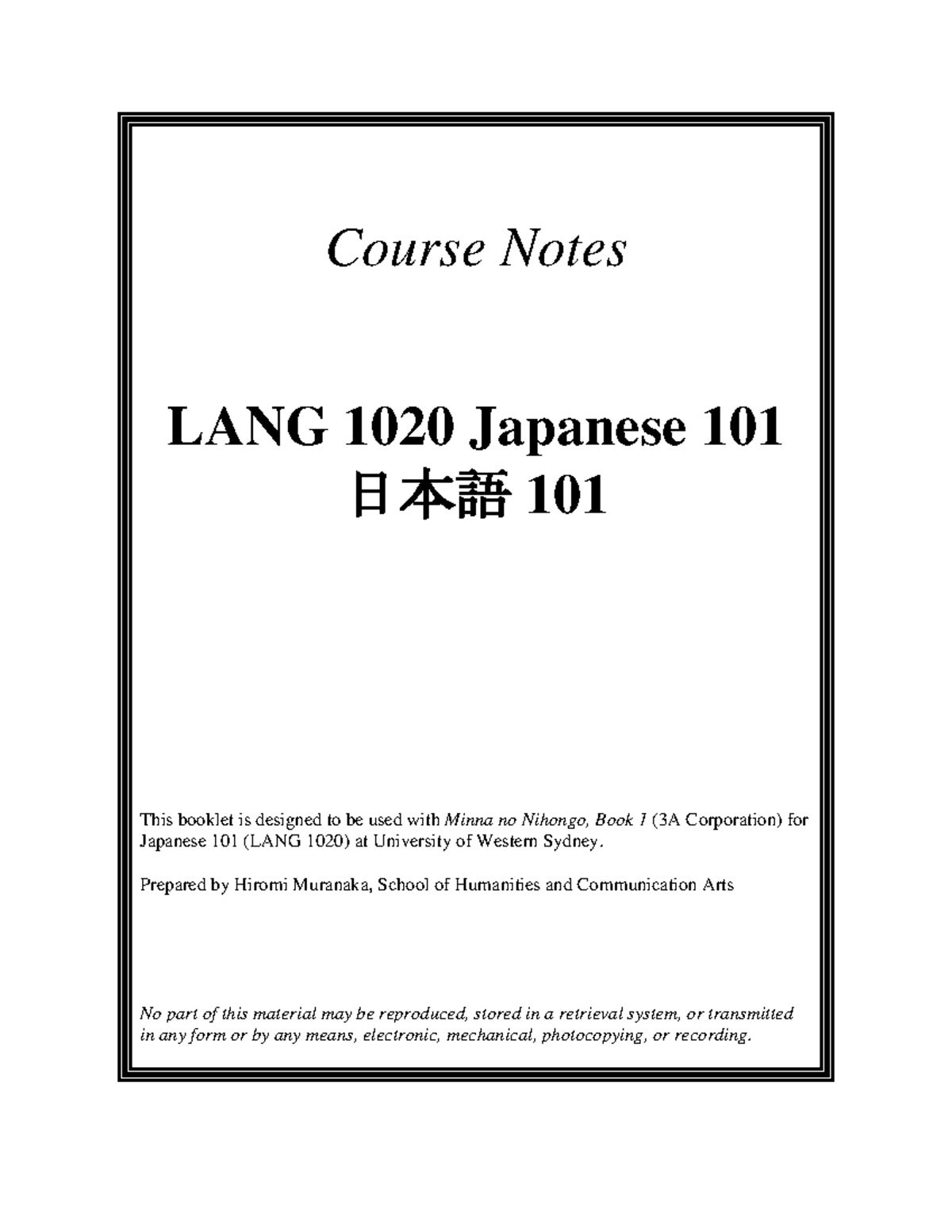 1. Tutorial notes cover page - 100085 - Course Notes LANG 1020 Japanese ...