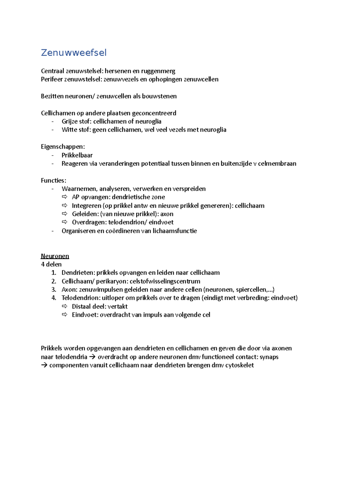 Zenuwweefsel - Zenuwweefsel Centraal zenuwstelsel: hersenen en ...