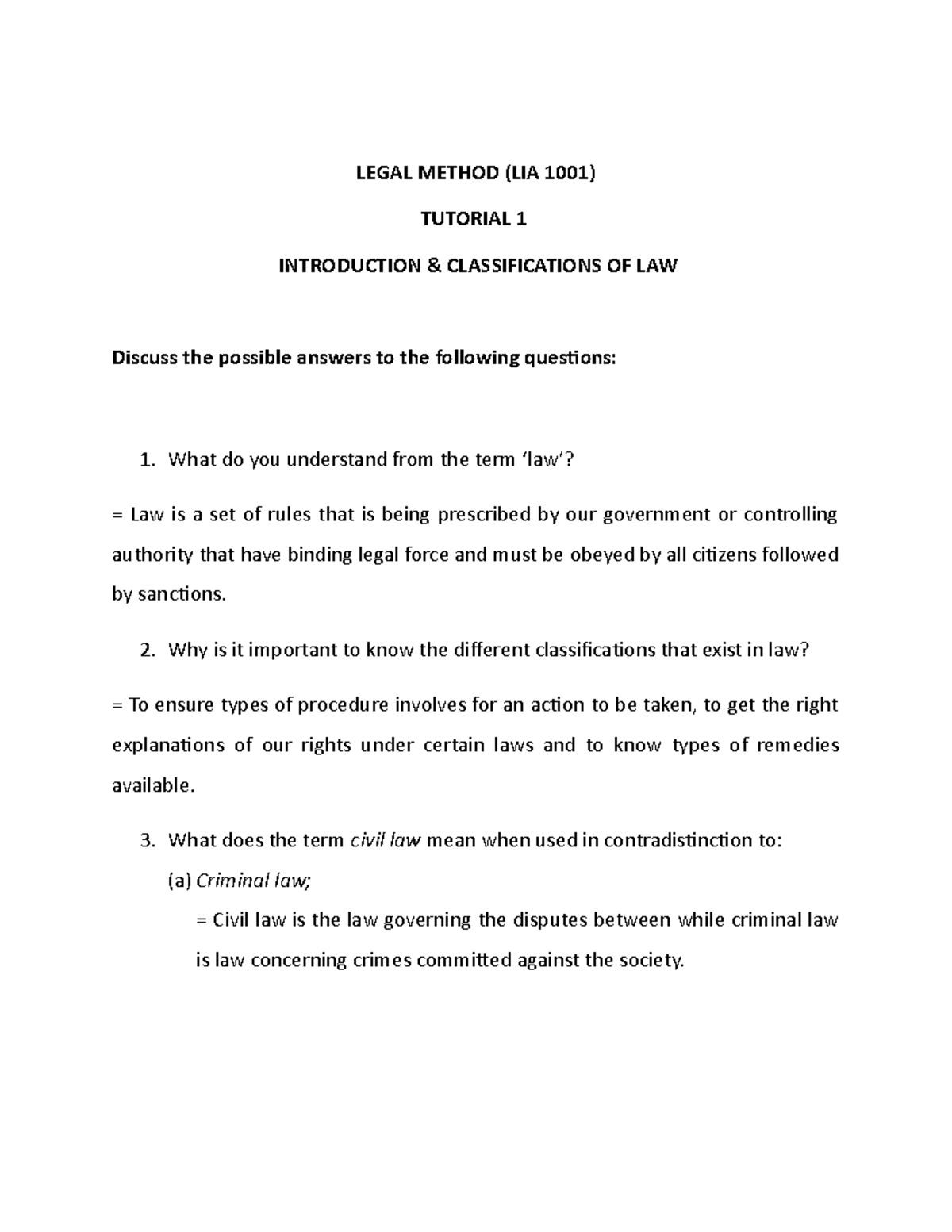 Tutorial 1 Introduction and Classification - LEGAL METHOD (LIA 1001) TUTORIAL 1 INTRODUCTION ...