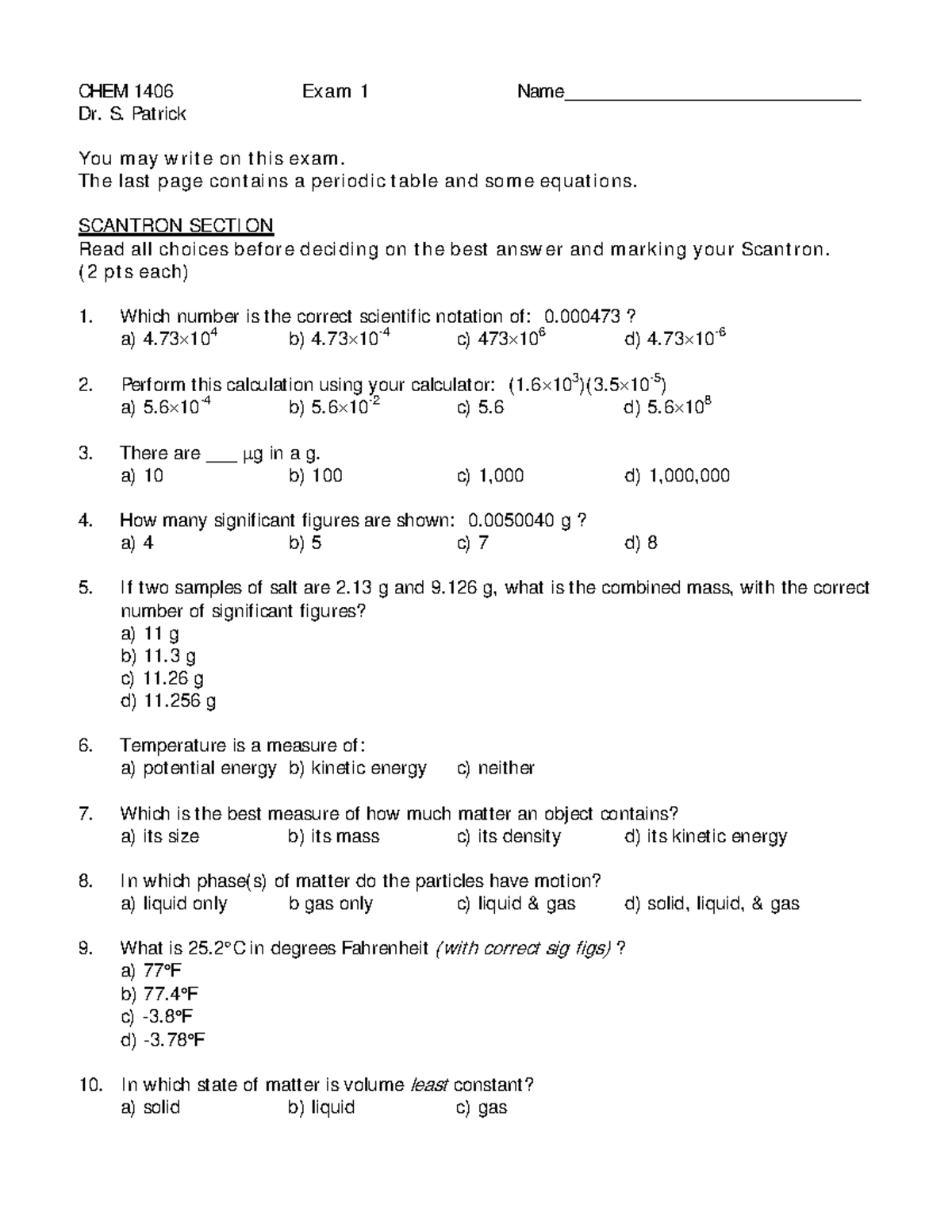 CHEM 1406 Practice Exam I (Patrick) - CHEM 1406 Exam 1 Name ...