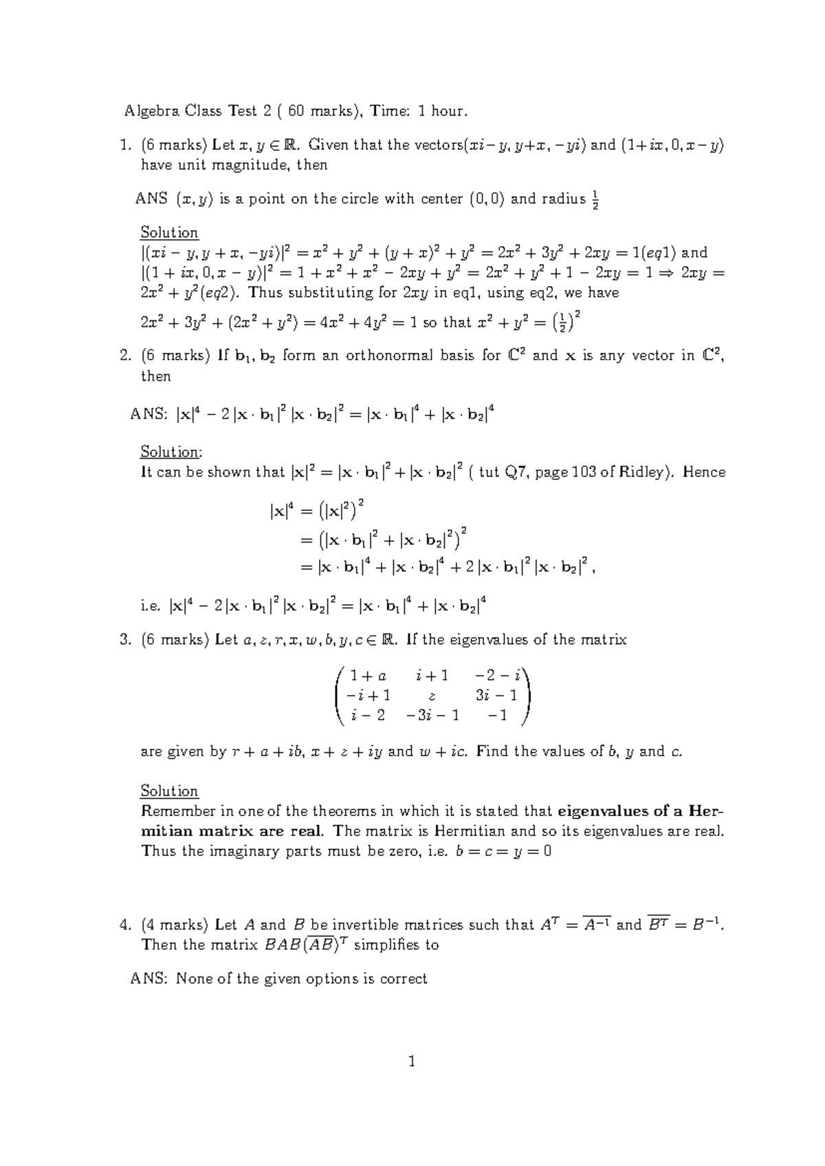 Algebra Class Test 2 Memo Algebra Class Test 2 60 Marks Time 1